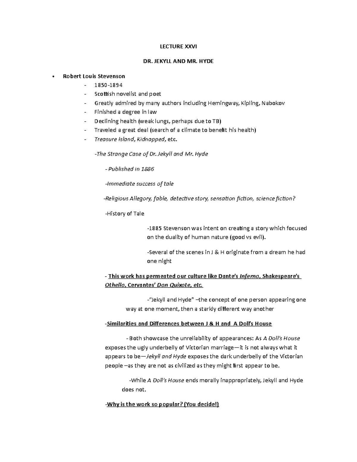 Lecture XXVI Jekyll and Hyde - LECTURE XXVI DR. JEKYLL AND MR. HYDE ...