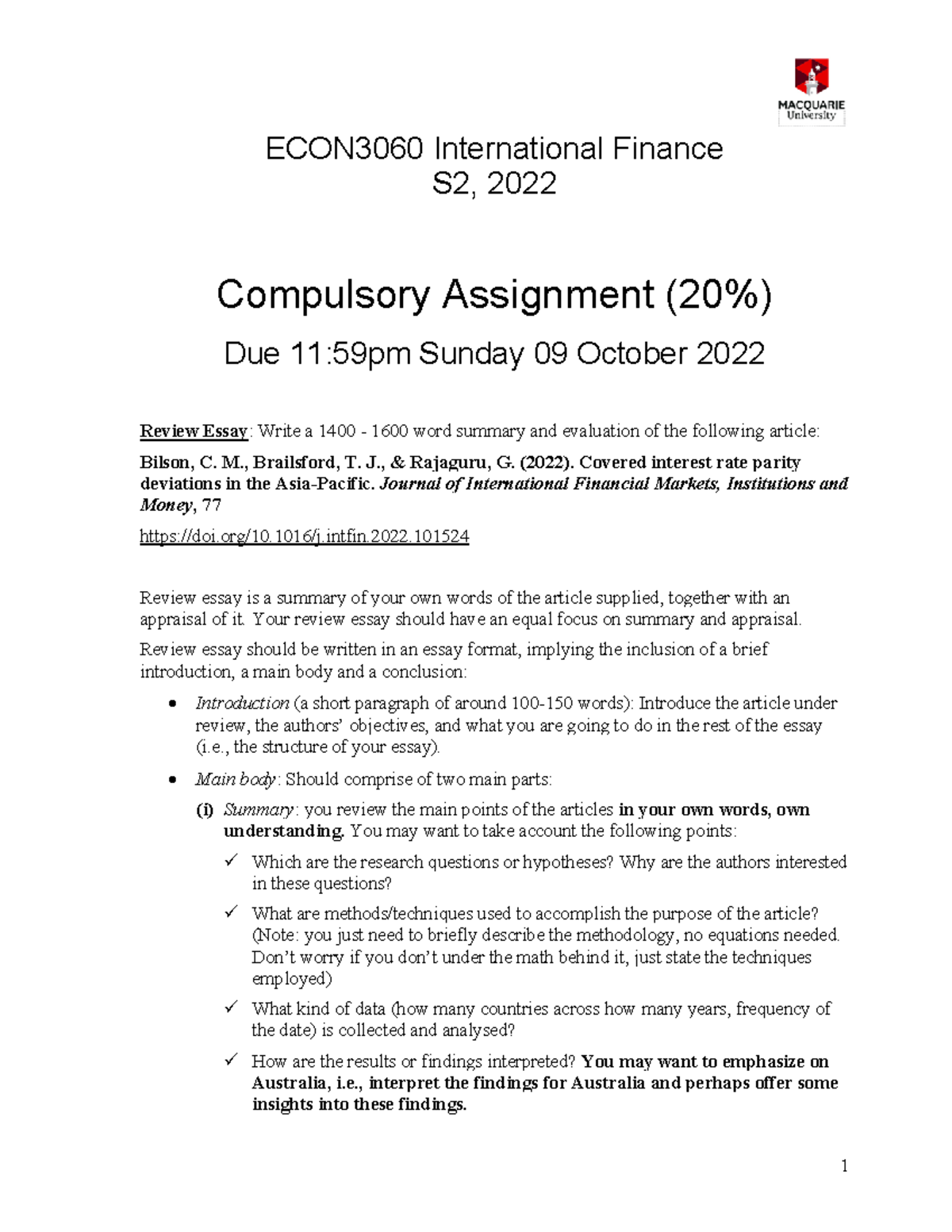 ECON3060 Assignment - 1 ECON3060 International Finance S2, 2022 Compulsory Assignment (20%) Due ...