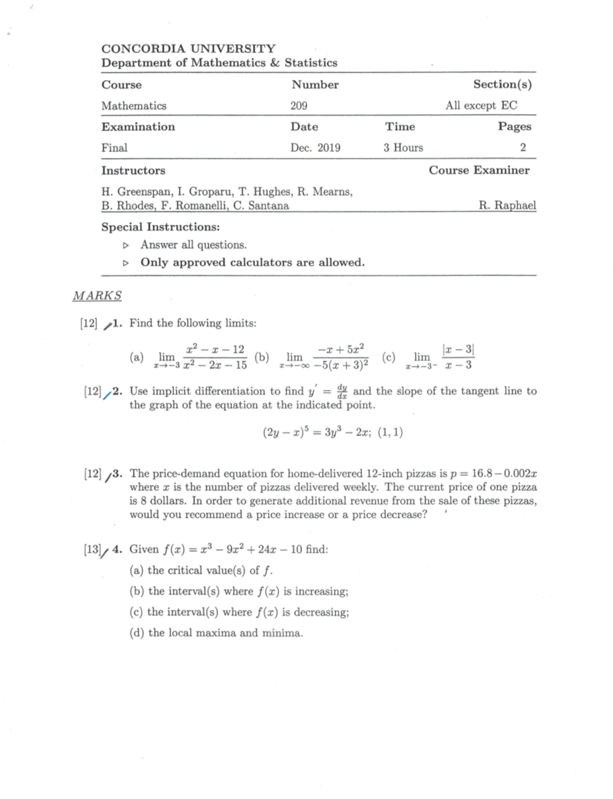 Math 209 Dec 2019 Final Exam with Solutions L EXAM AND Solutions FALL ...