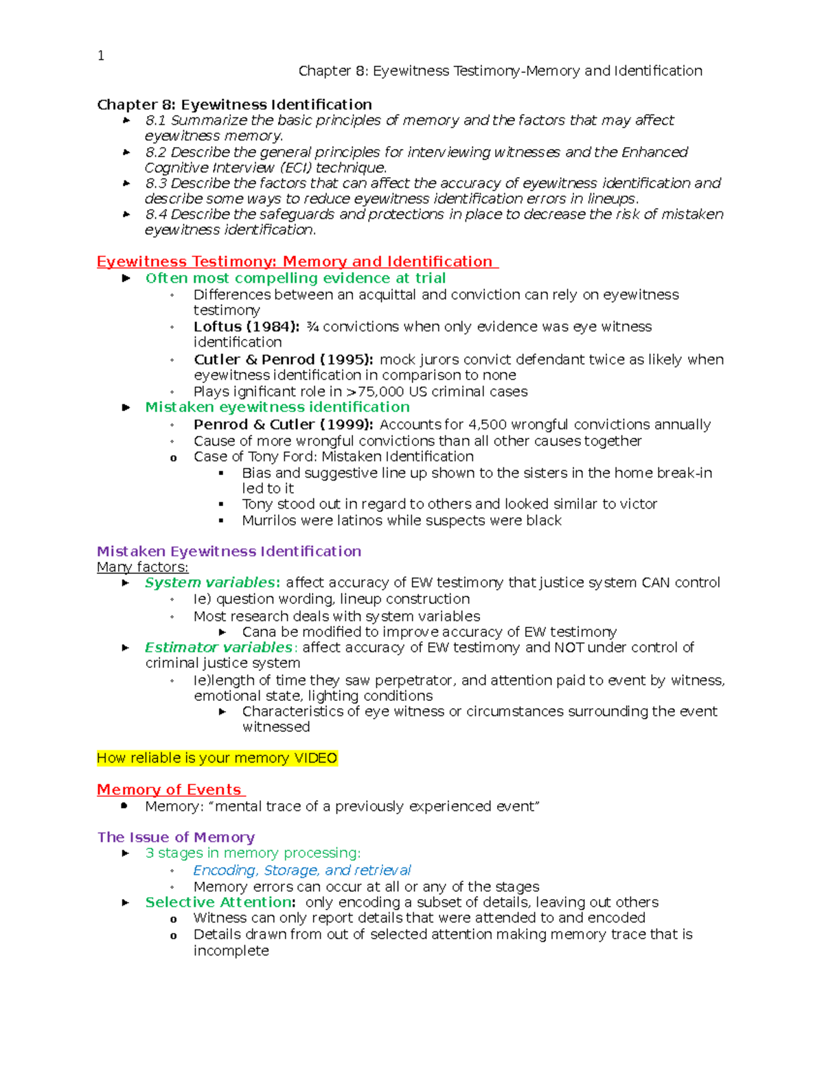 Chapter 8-Eyewitness Identification - 1 Chapter 8: Eyewitness Testimony ...