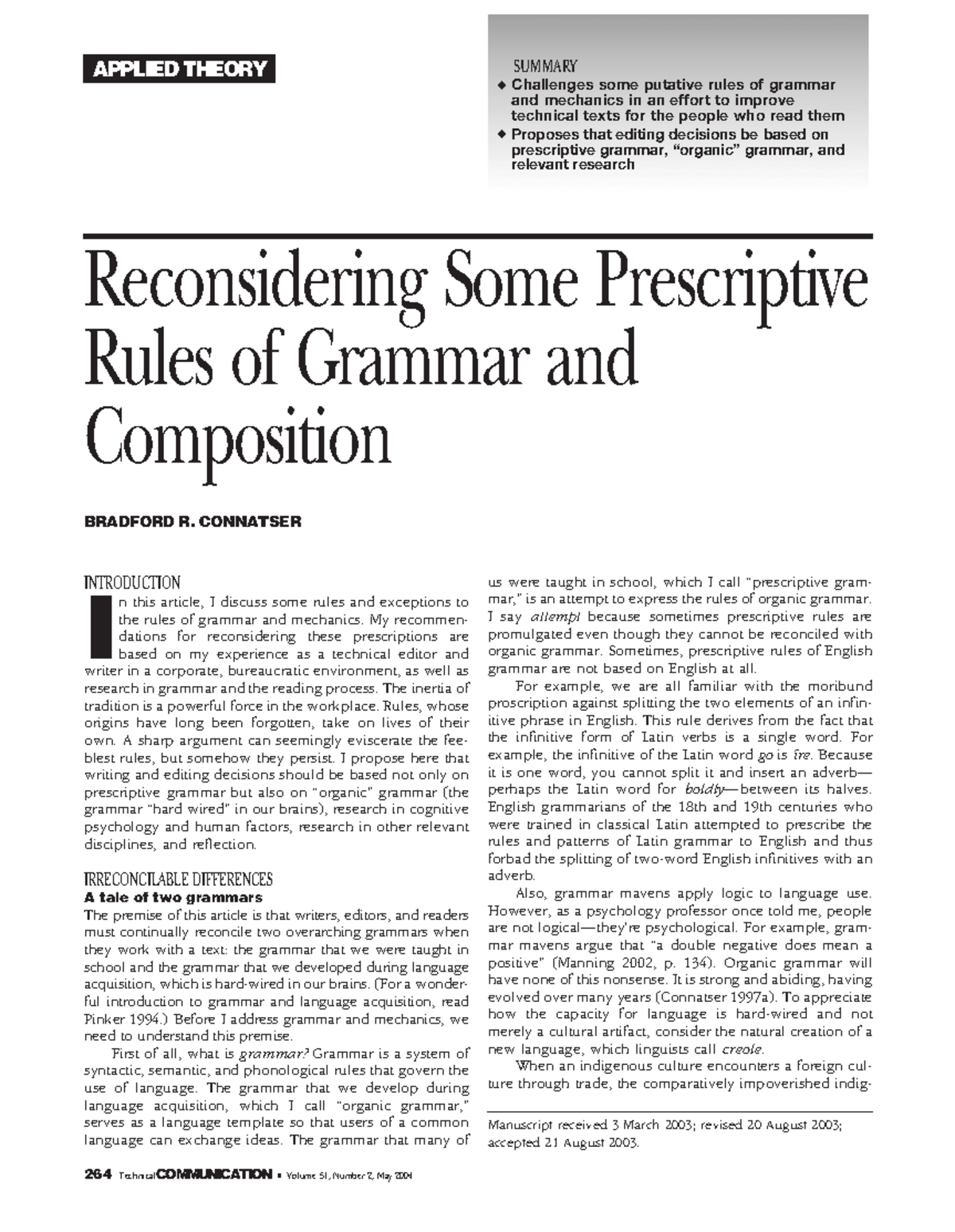 Bradford Connaster Reconsidering Some Prescriptive Rules of Grammar and ...