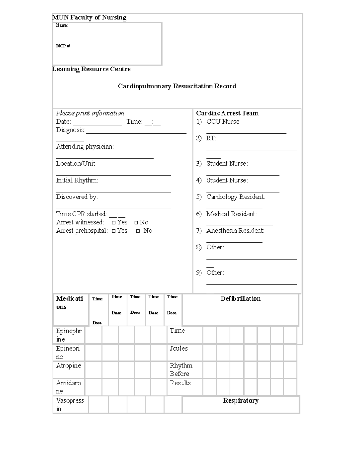 LRC cardiopulmonary resuscitation record (Student Nurse) - MUN Faculty ...