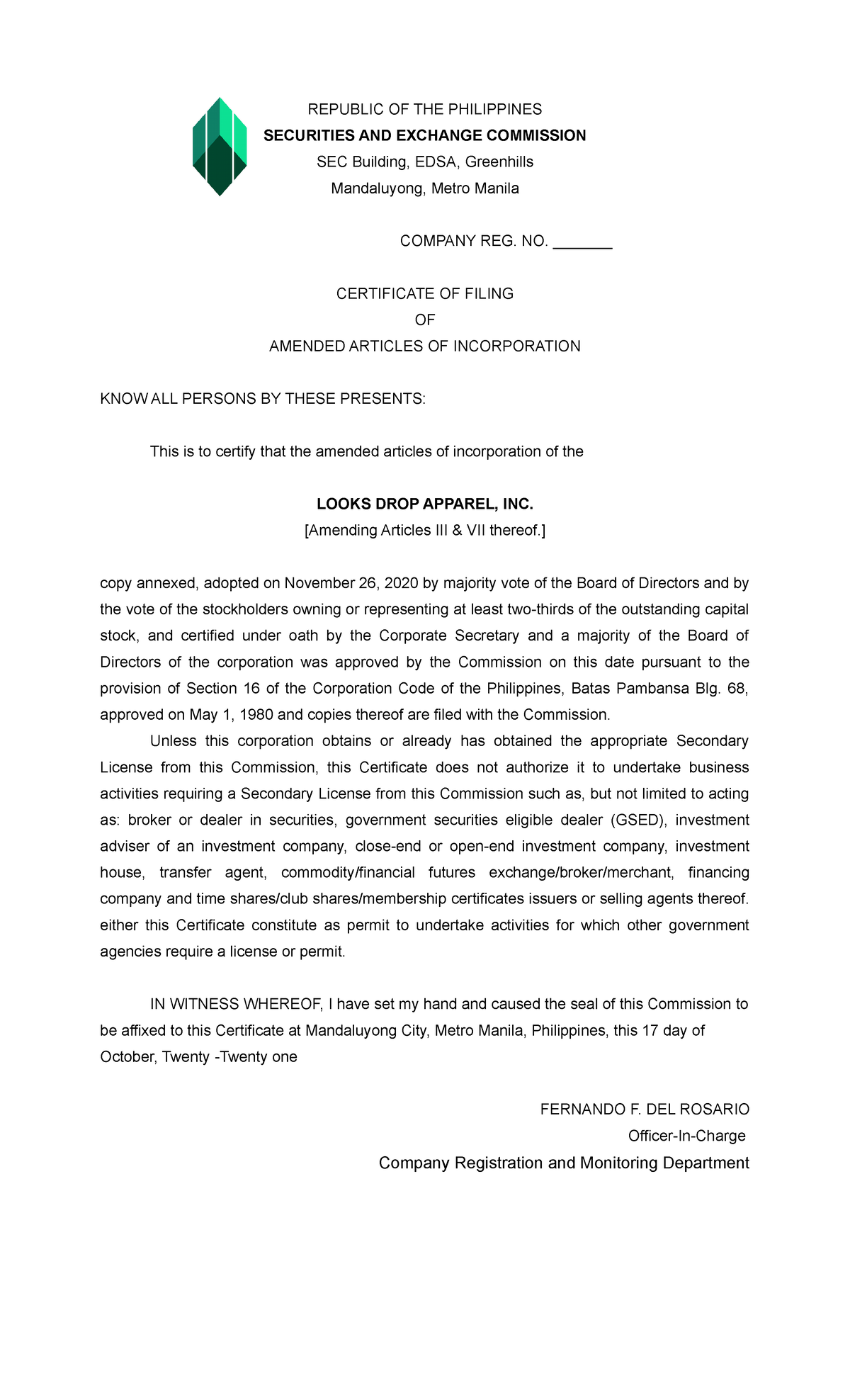 Certificate of Inc (2 - Guide only. - REPUBLIC OF THE PHILIPPINES ...
