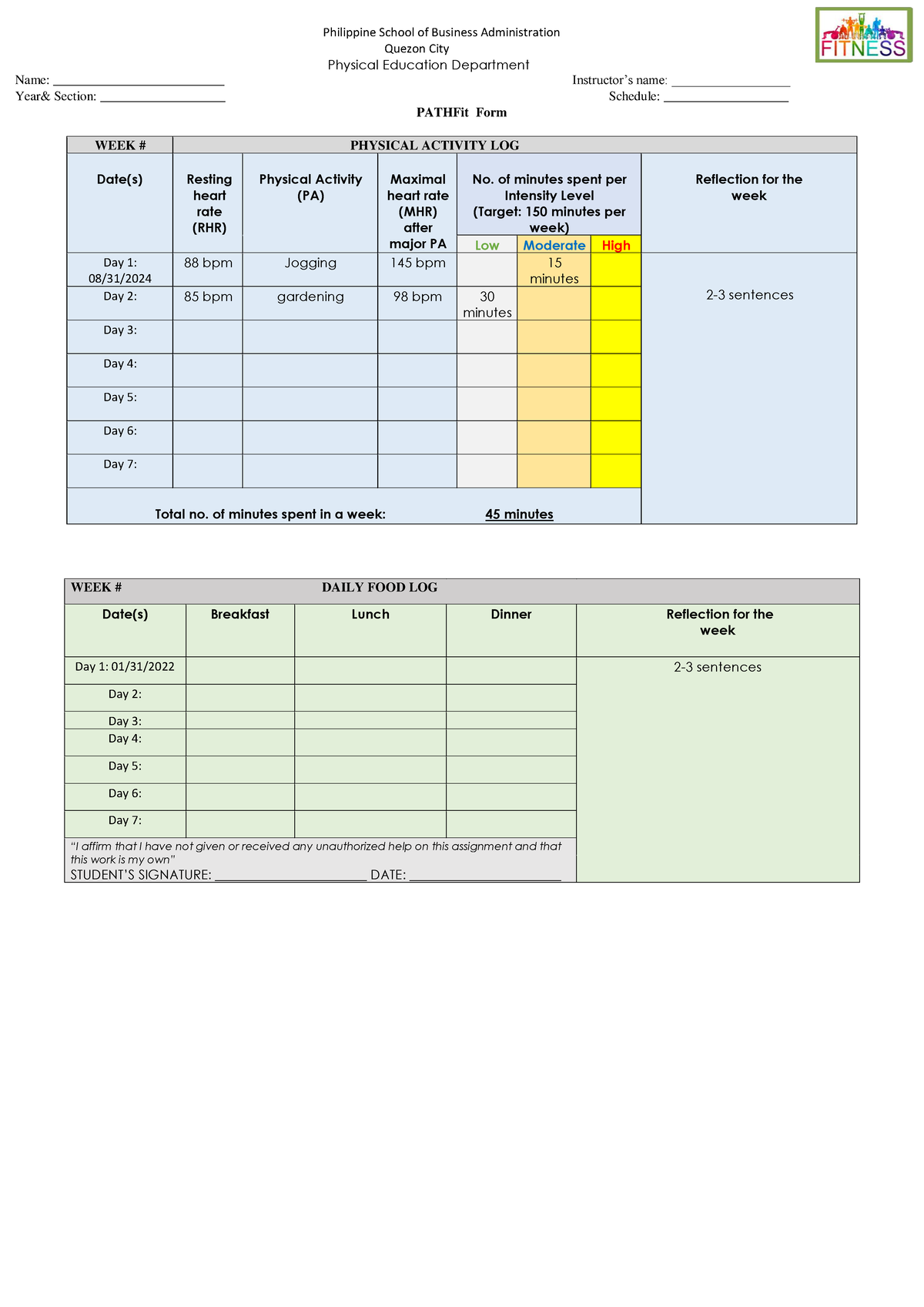 Pathfit Journal - Philippine School of Business Administration Quezon ...