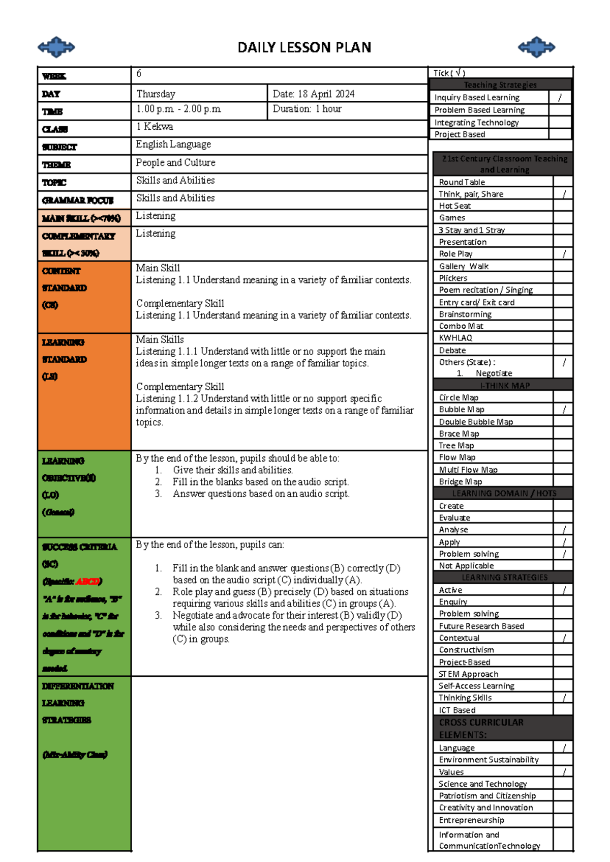 W6 180424 1hr 1KKW - FORM 1 LESSON PLAN - DAILY LESSON PLAN WEEK 6 Tick ...