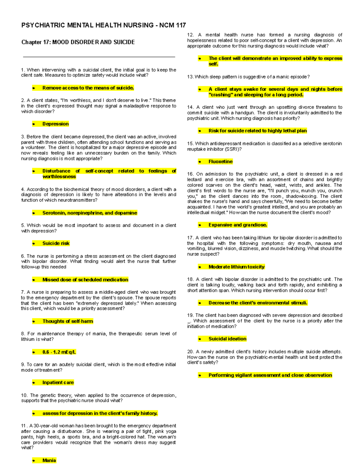 Mental Health - nursing practice - Chapter 17: MOOD DISORDER AND ...