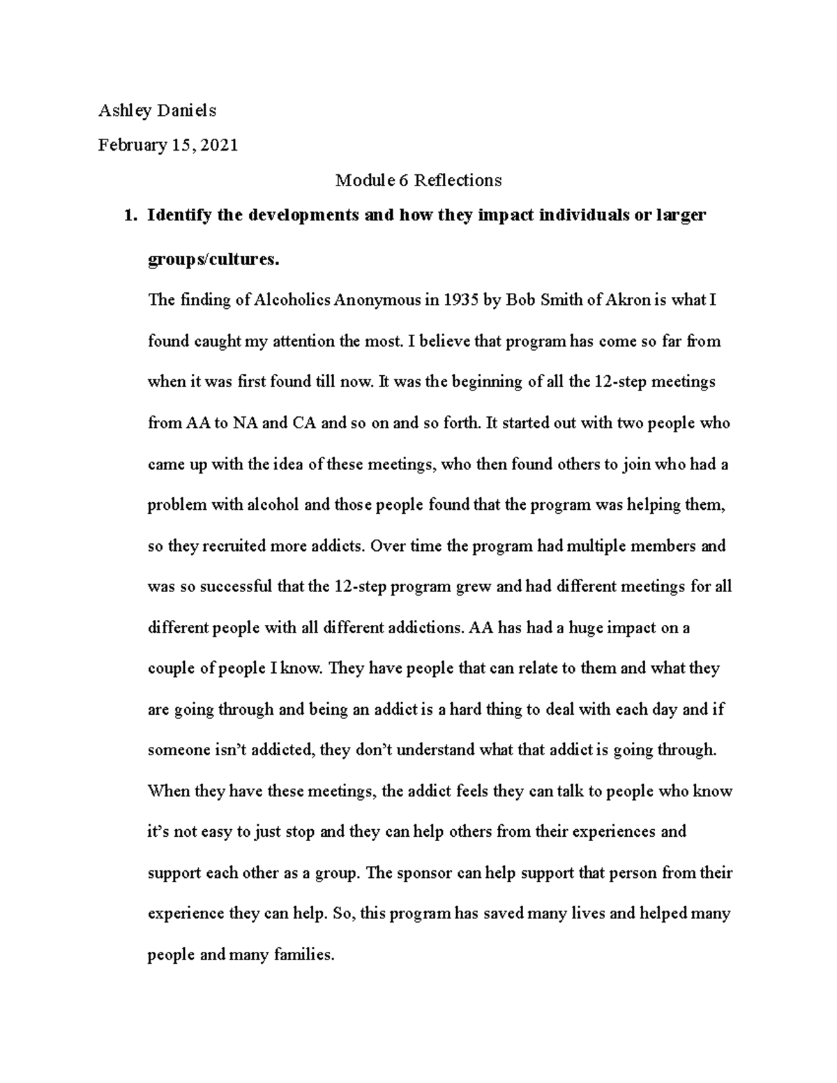 Module 6 Reflection - Ashley Daniels February 15, 2021 Module 6 ...
