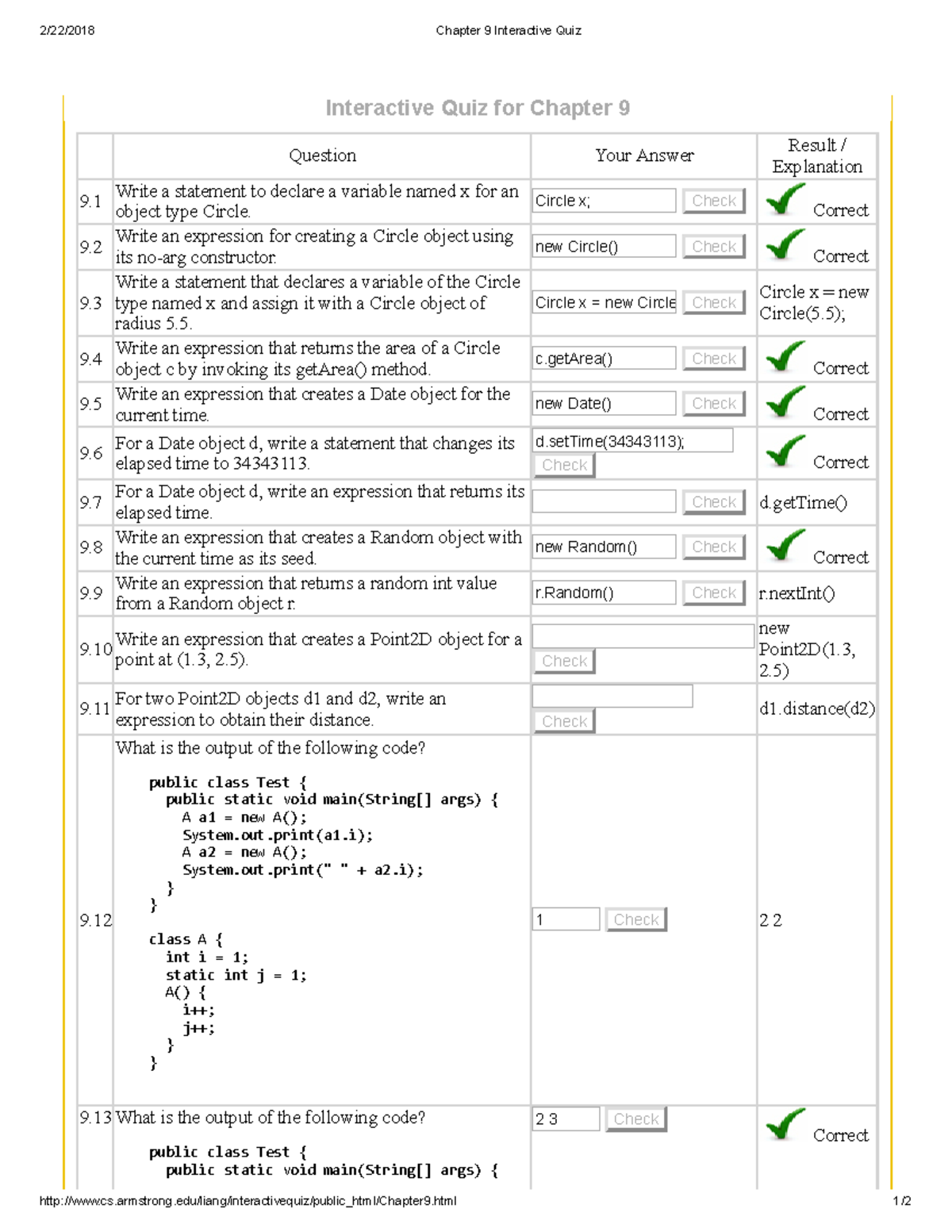 Solved Interactive Quiz (Classes and Objects) - 2/22/2018 Chapter 9 ...