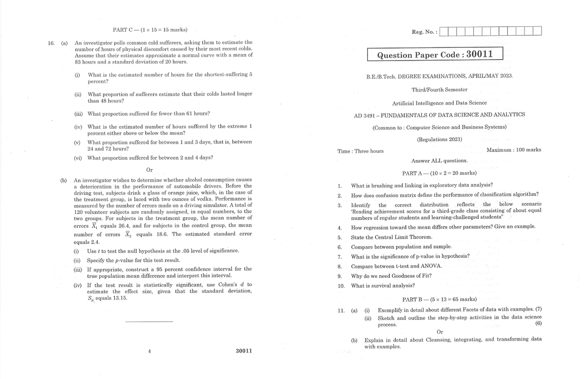 AD3491 - Fundamentals of Data Science and Analytics R2021 - 2023 April - PART (1 15 15 marks ...