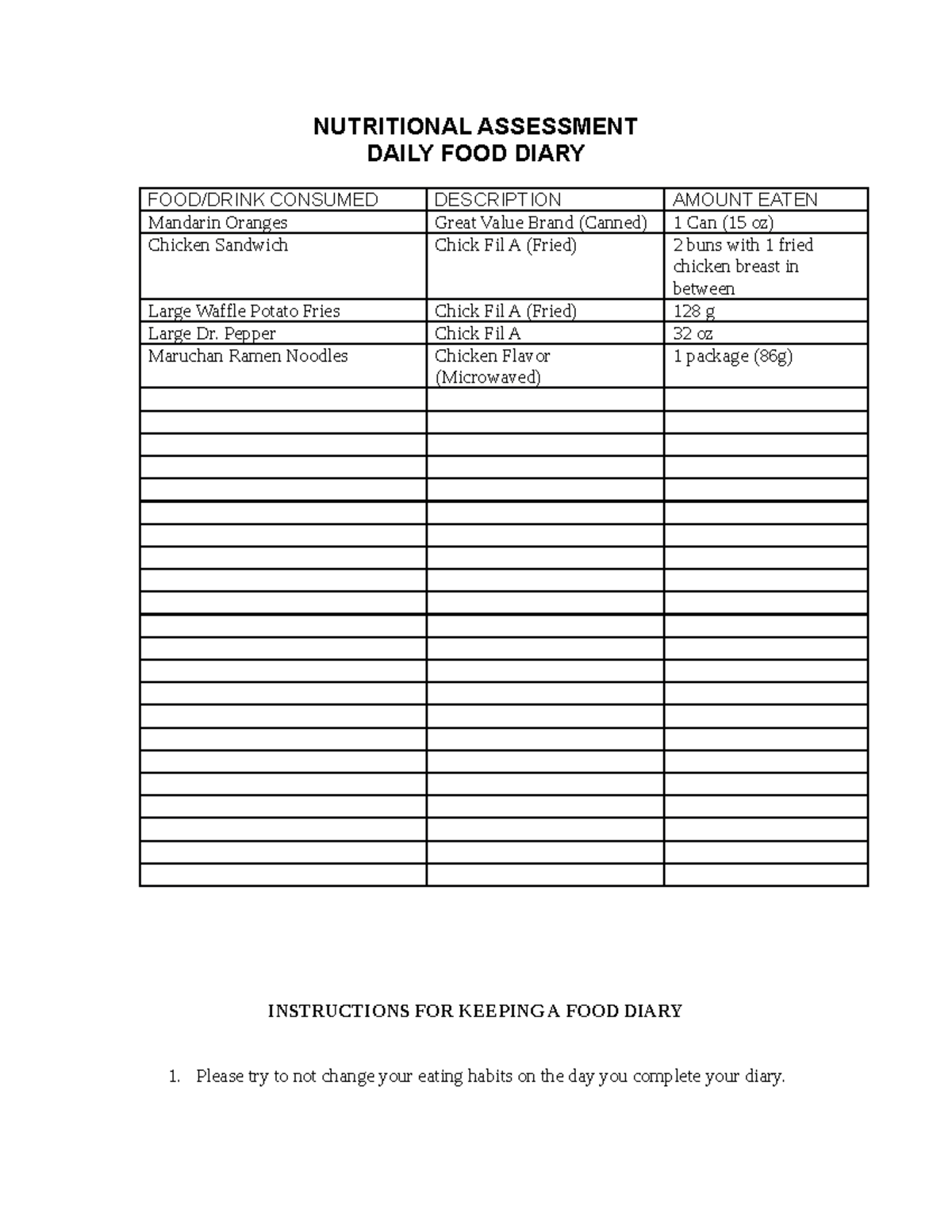 Nutritional Assessment Daily Food Diary-1 - NUTRITIONAL ASSESSMENT ...