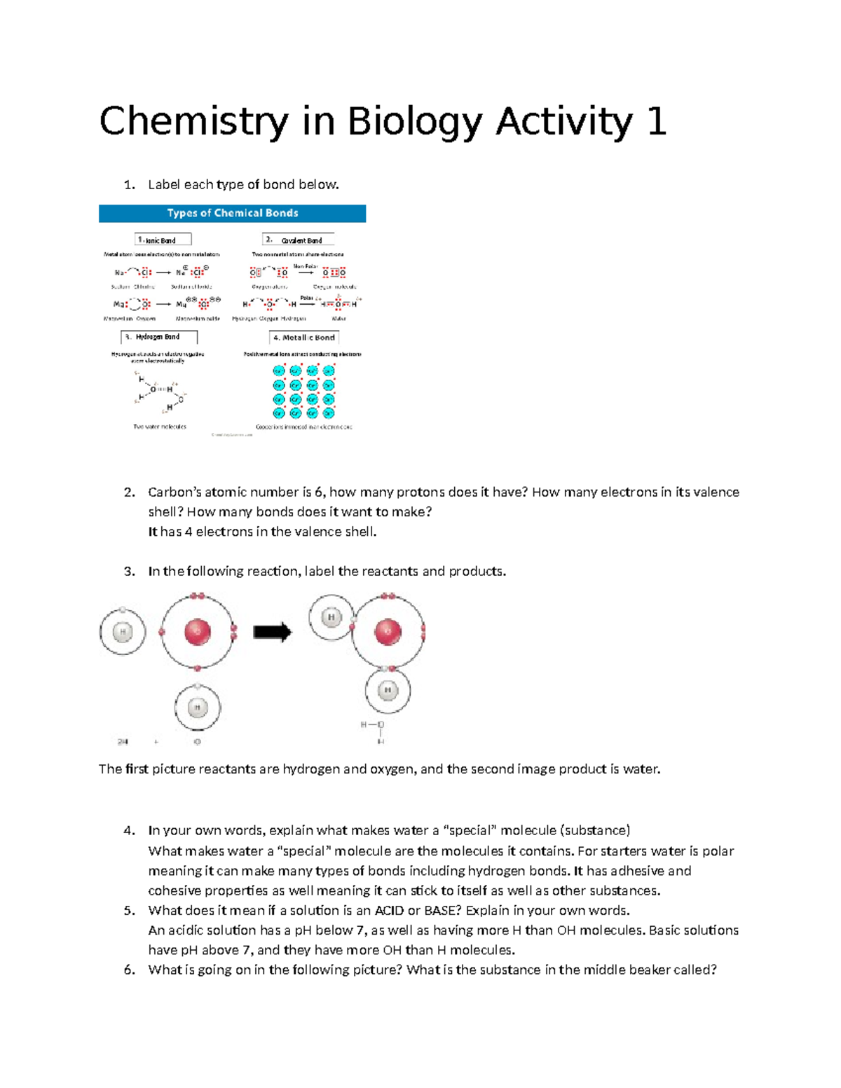 Basic chemistry activity - Chemistry in Biology Activity 1 1. Label ...