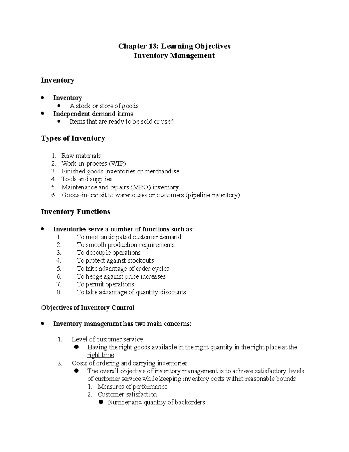 Operations Management 16 - Chapter 13: Learning Objectives Inventory ...