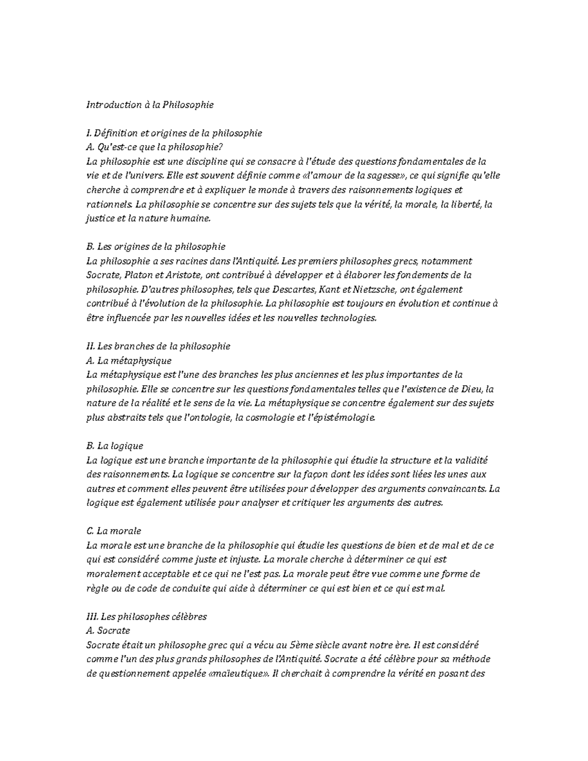 Philosophy Study Notes - Introduction à la Philosophie I. Définition et ...
