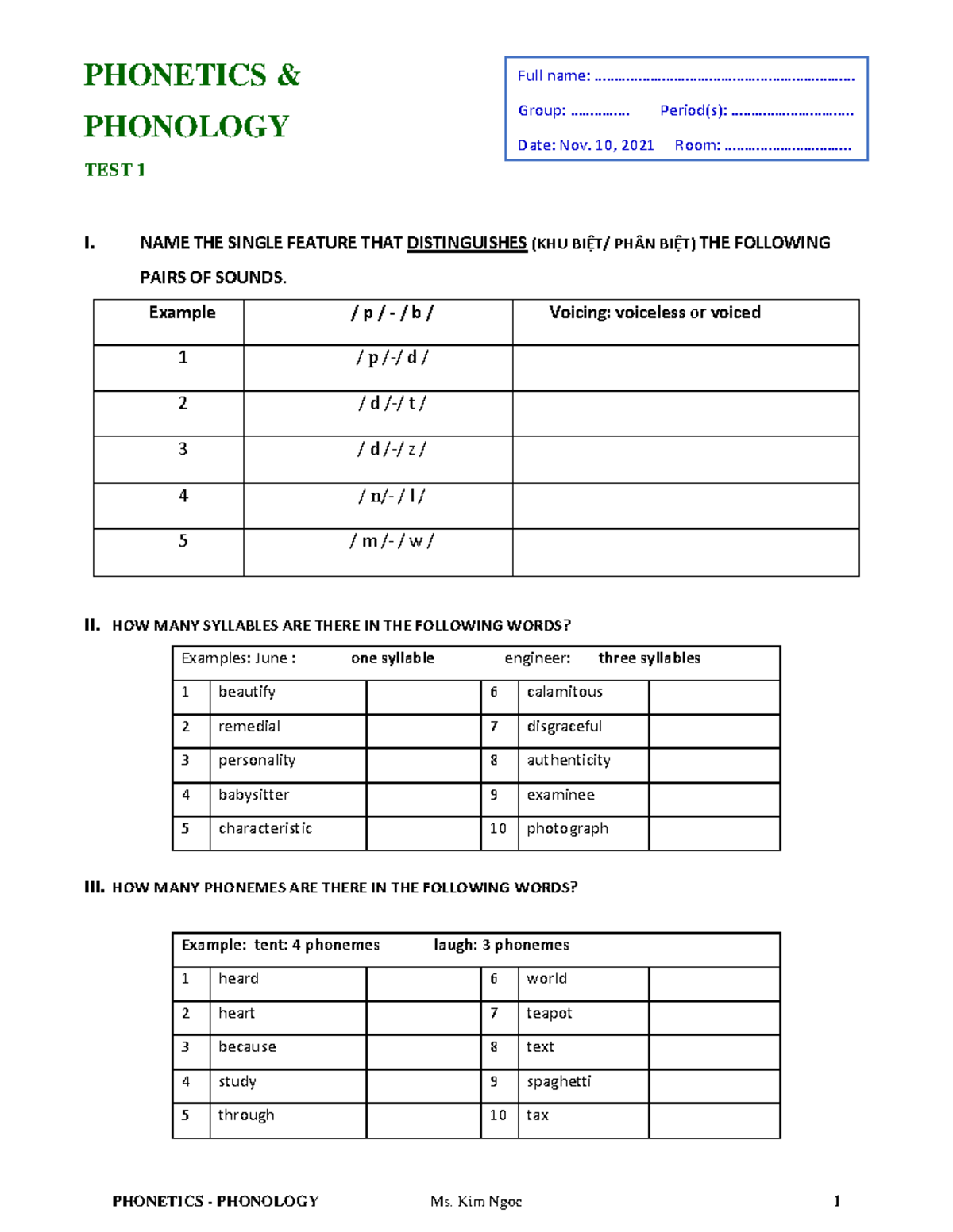 Âm Vị Test 1 - sasses - PHONETICS - PHONOLOGY Ms. Kim Ngoc 1 PHONETICS ...