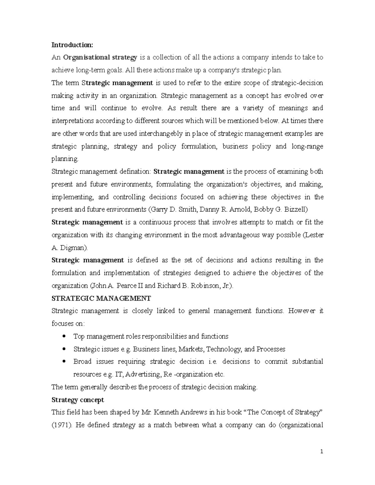 Lesson 1 - Strategic management notes - Introduction: An Organisational ...