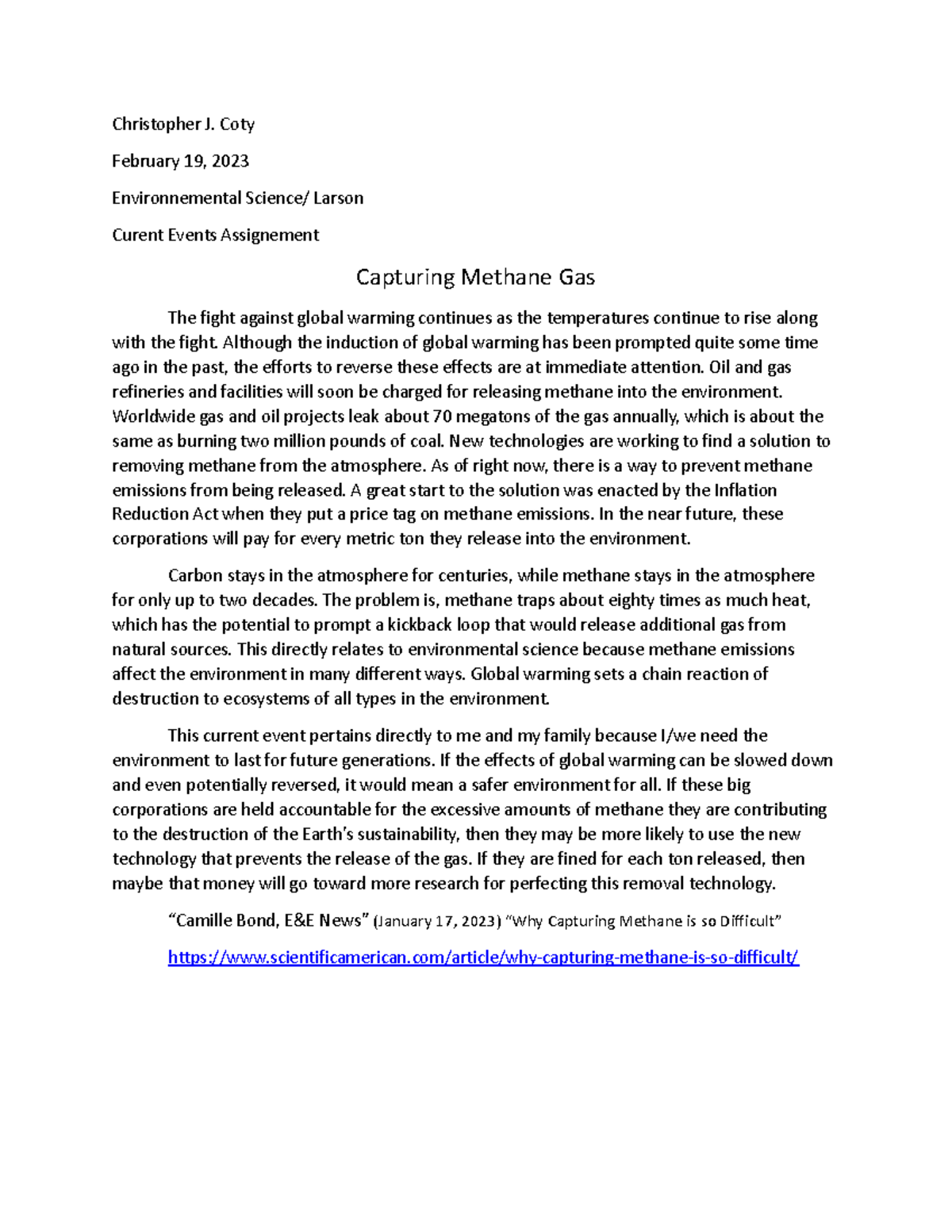 Current events - Christopher J. Coty February 19, 2023 Environnemental ...