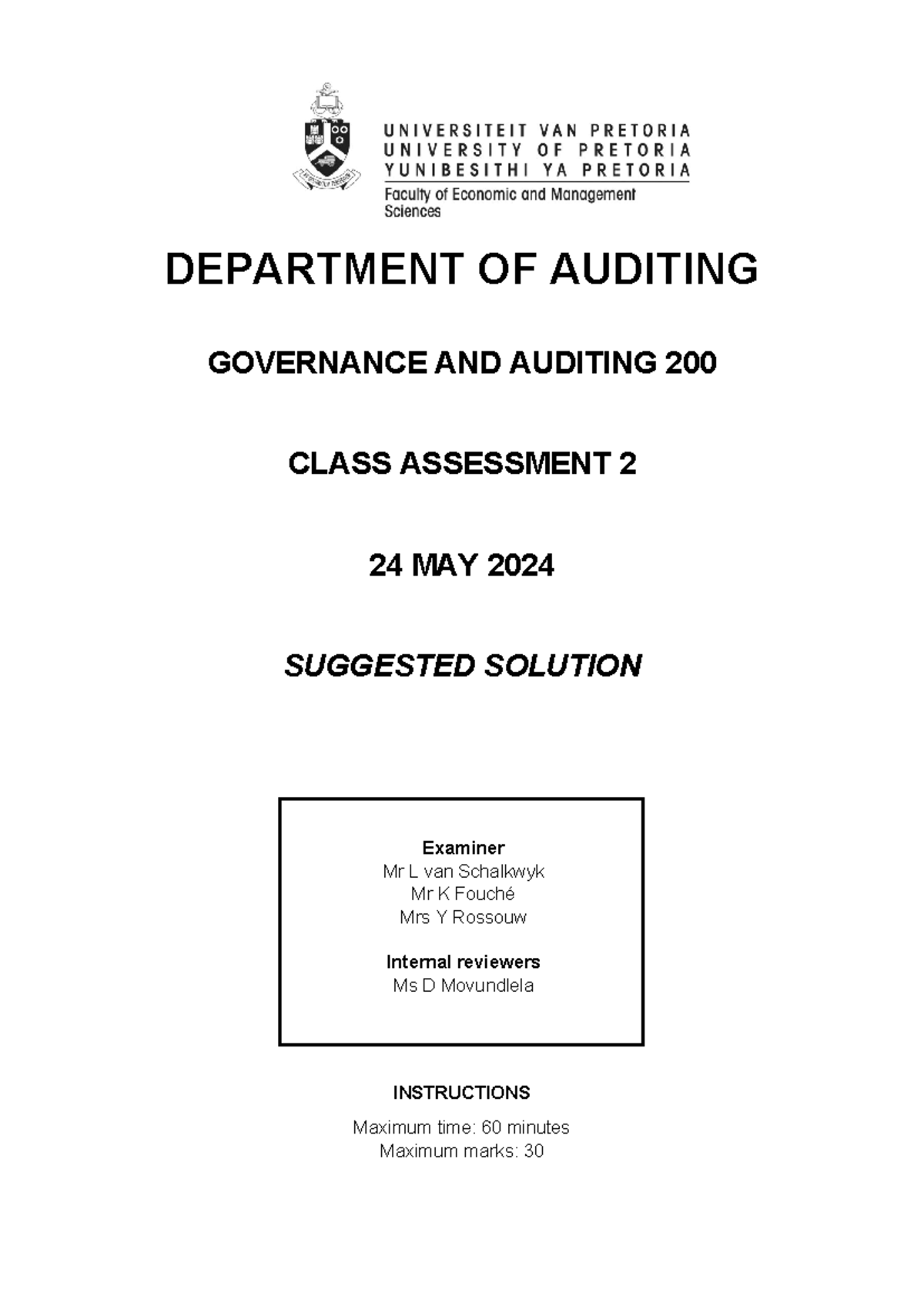 Class Assessment 2 Suggested Solution - DEPARTMENT OF AUDITING ...