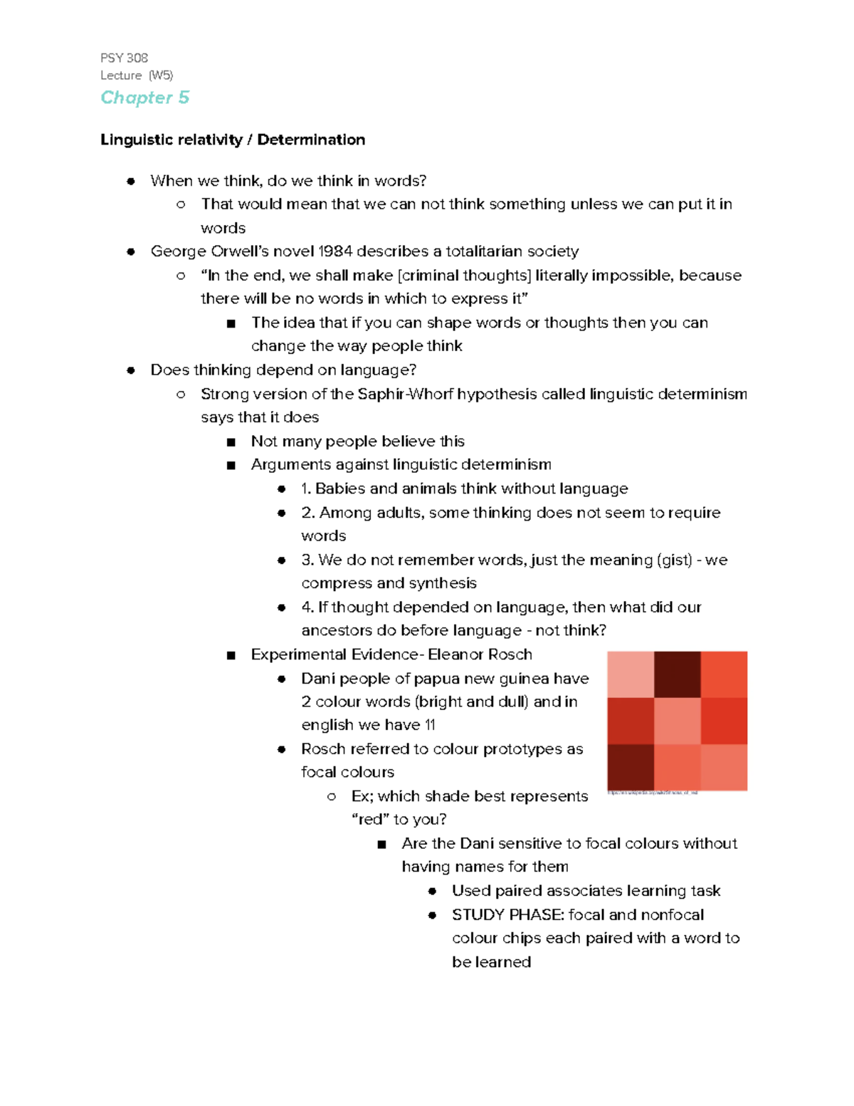 Ch5 Linguistics (W5) - PSY 308 Lecture (W5) Chapter 5 Linguistic relativity / Determination When ...