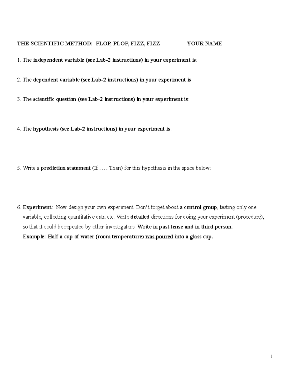 Lab 2-The Scientific Method- PLOP- PLOP- FIZZ- FIZZ-Worksheets - THE ...