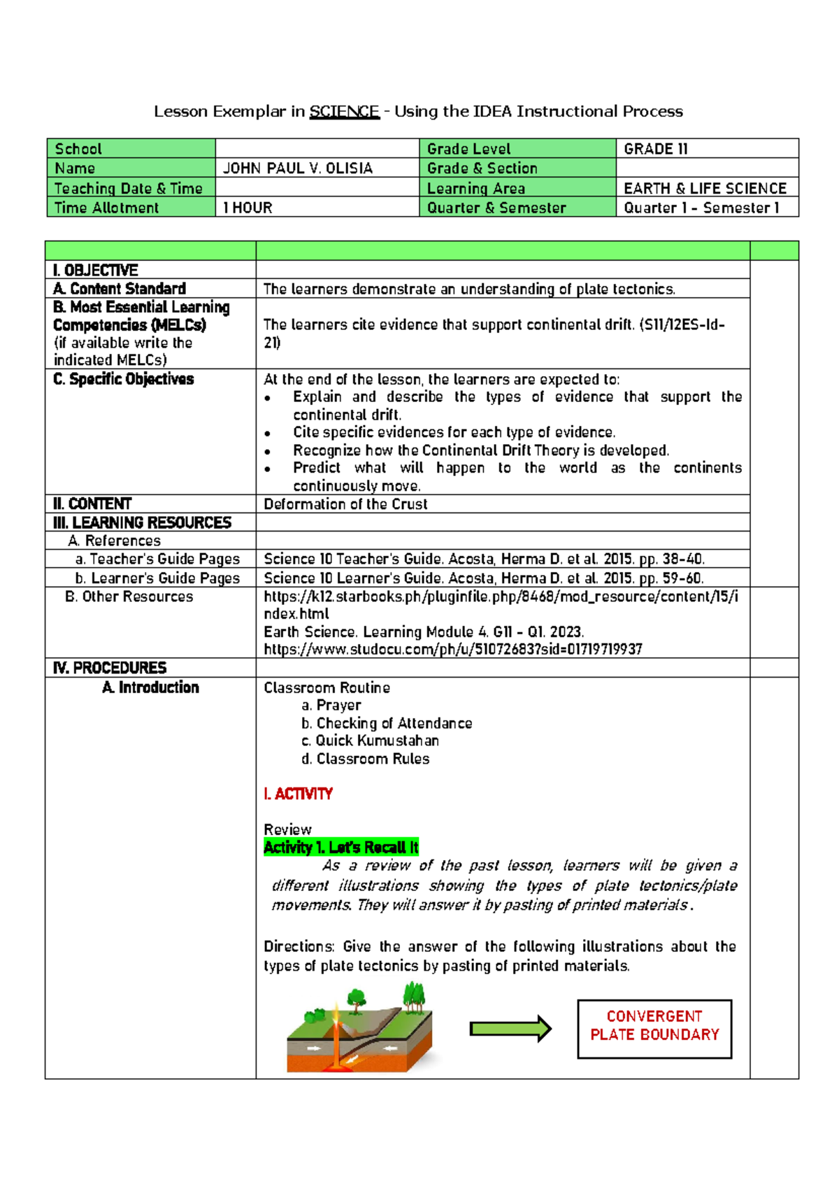 Lesson Plan G11 ELS - Lesson Exemplar in SCIENCE - Using the IDEA ...