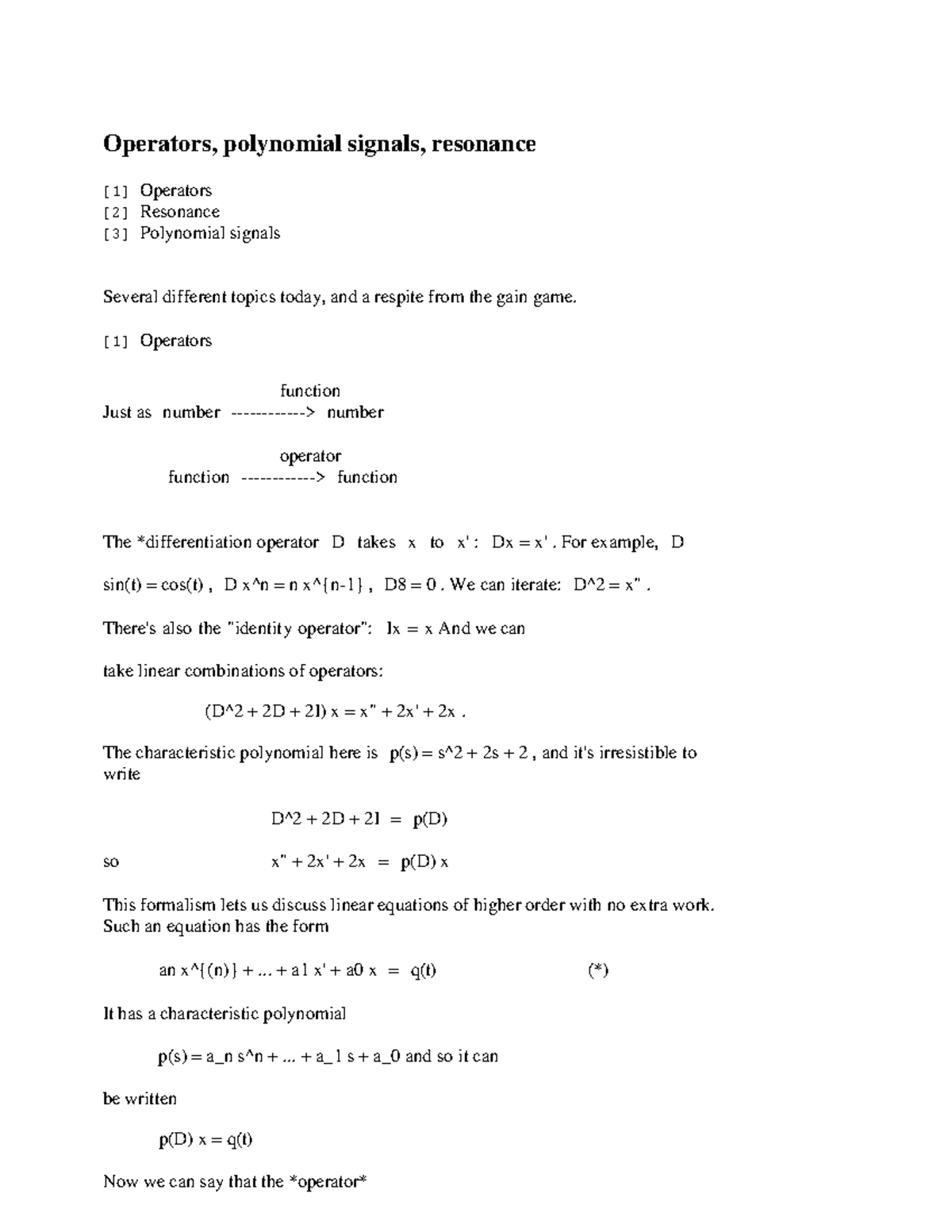 Operators, undetermined coefficients, resonance - Operators, polynomial signals, resonance [1 ...