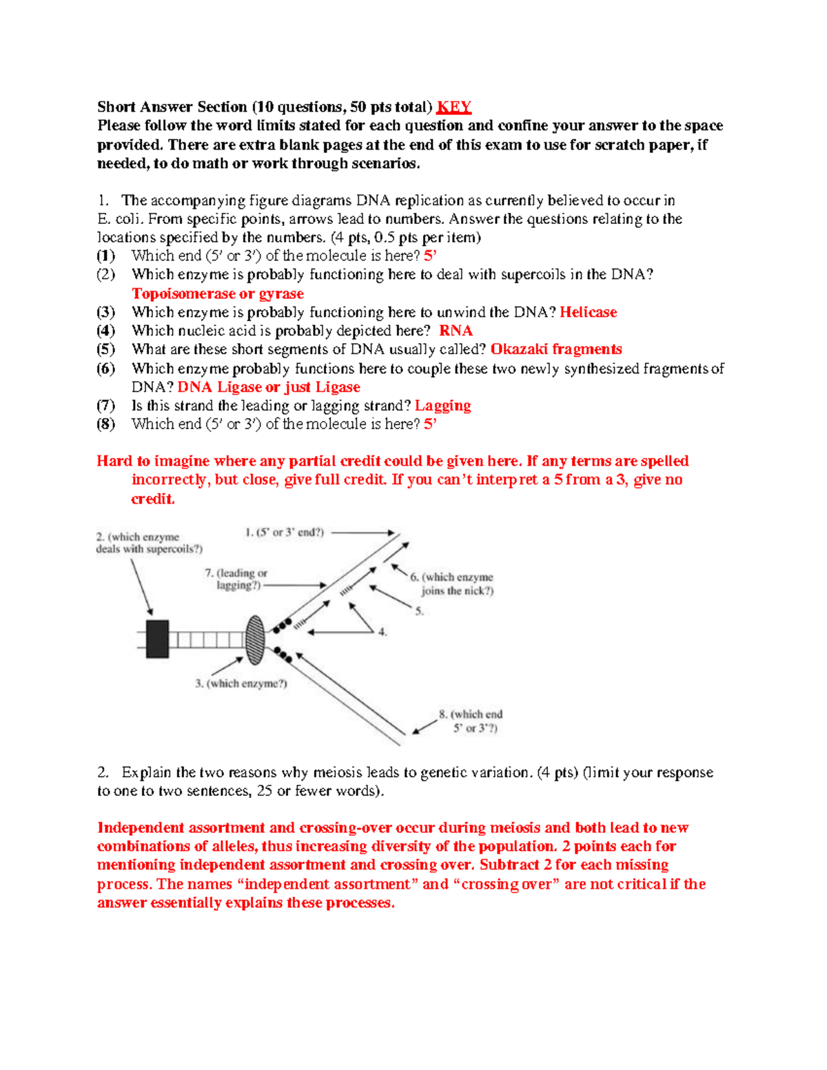 Short Answer Section Exam1 Key - Short Answer Section (10 questions, 50 ...