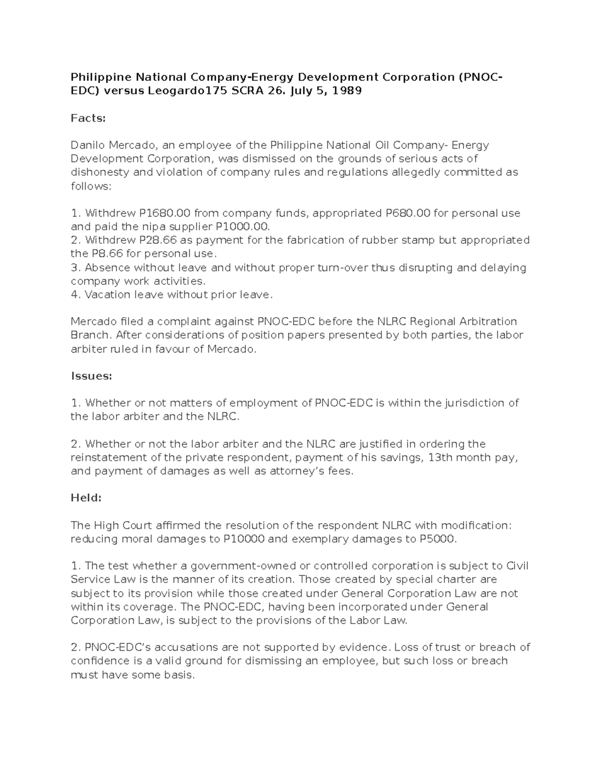 @PNOC VS - LABOR CASE DIGEST - Philippine National Company-Energy ...