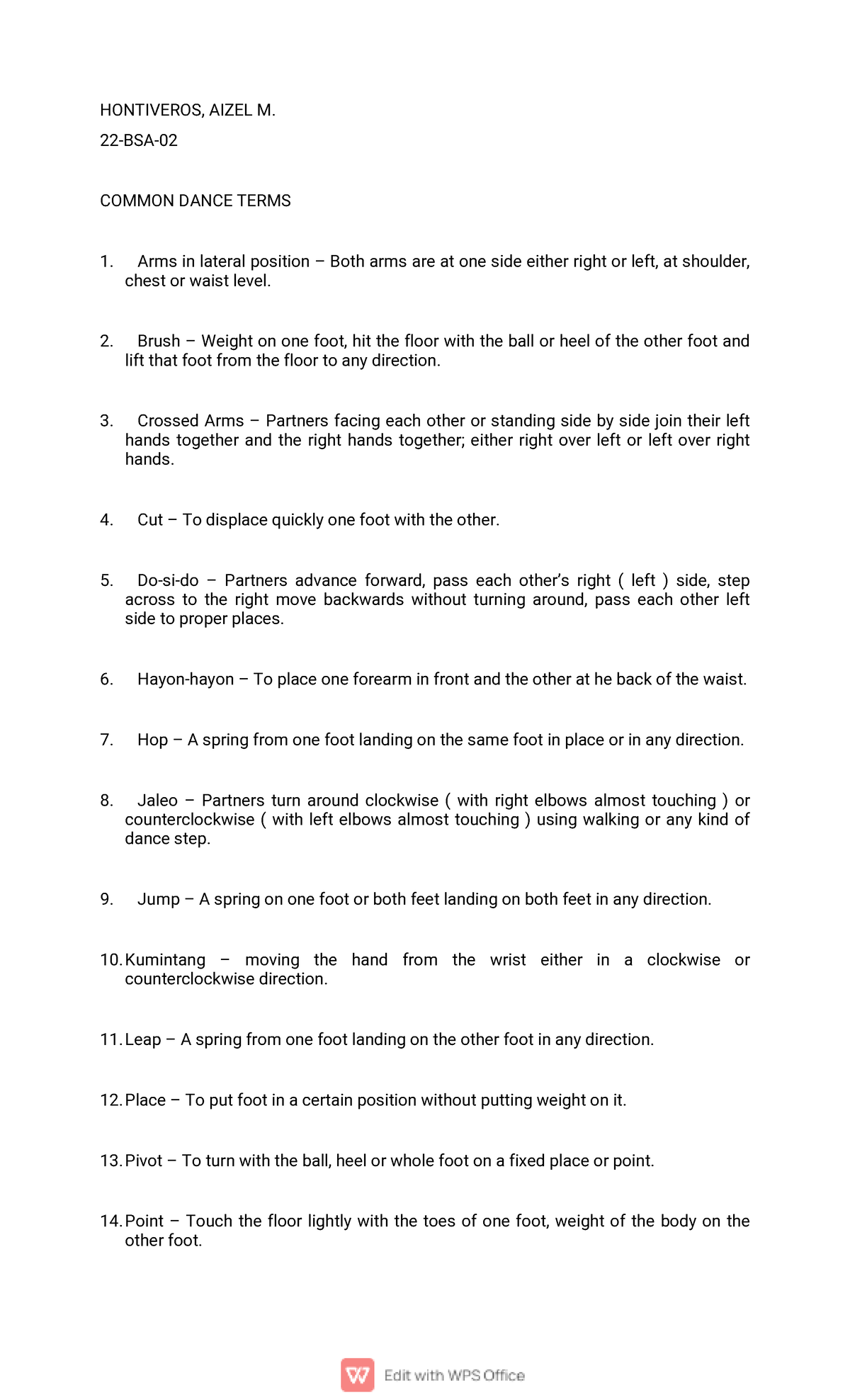 PE essay - HONTIVEROS, AIZEL M. 22-BSA- COMMON DANCE TERMS Arms in ...