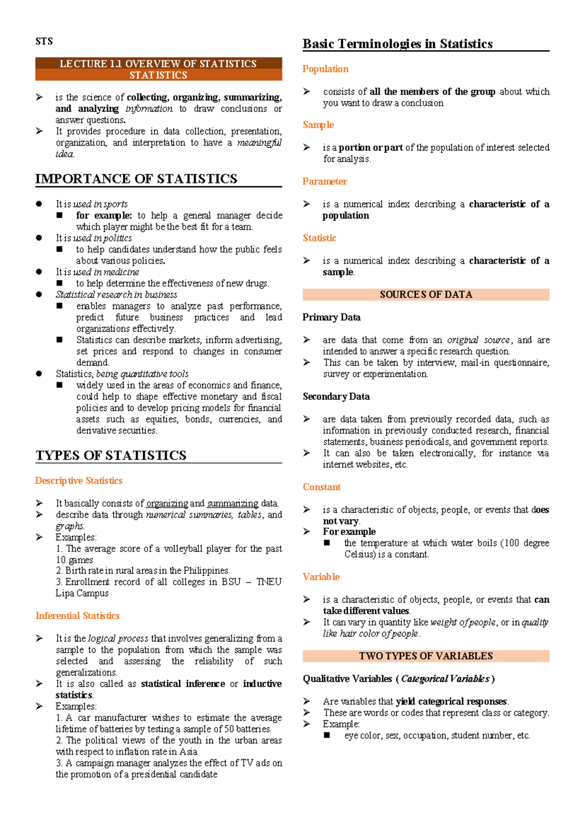 STS-311 - REVIEWER - STS LECTURE 1 OVERVIEW OF STATISTICS STATISTICS is the science of ...