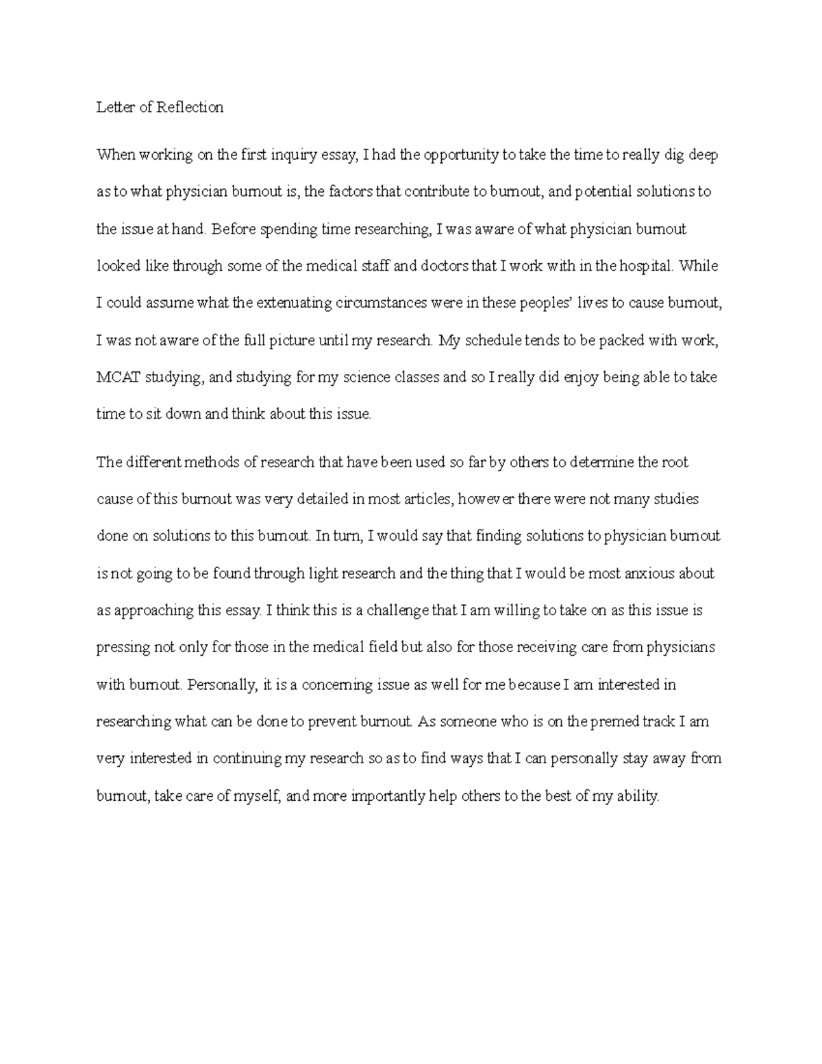 Letter of Reflection - Letter of Reflection When working on the first ...
