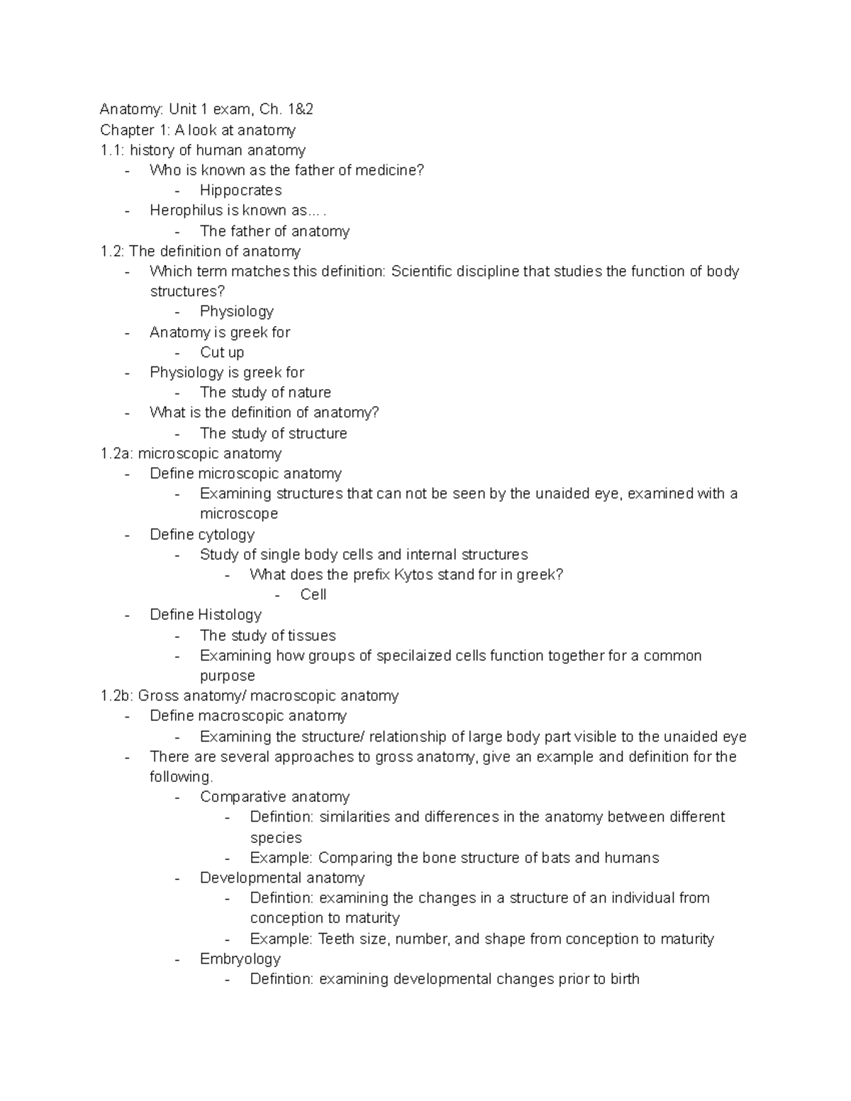 Anatomy Unit 1 exam, Ch - 1& Chapter 1: A look at anatomy 1: history of ...