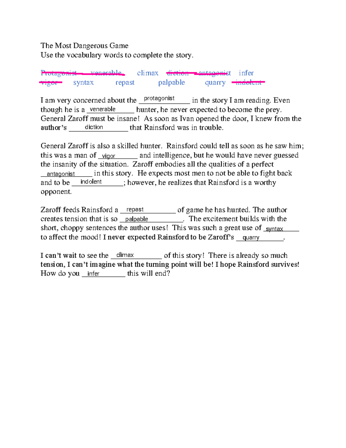 The Most Dangerous Game Clozes - The Most Dangerous Game Use the ...