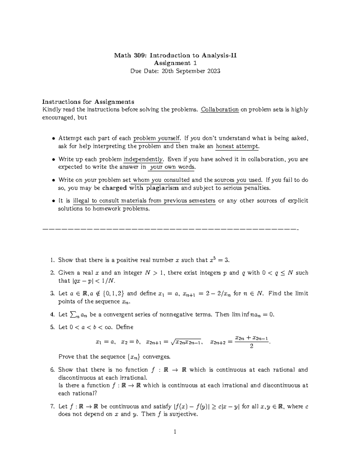 A 1 - good - Math 309: Introduction to Analysis-II Assignment 1 Due ...