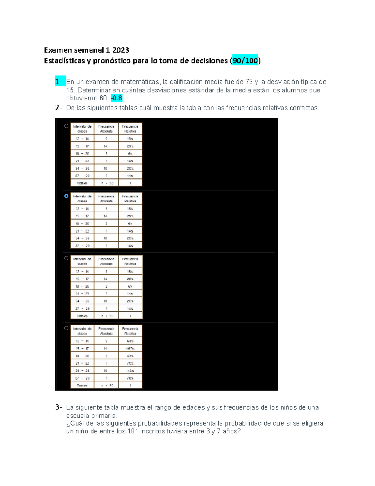 Examen semanal 1 Estadística y pronóstico toma de decisiones - Examen semanal 1 2023 ...