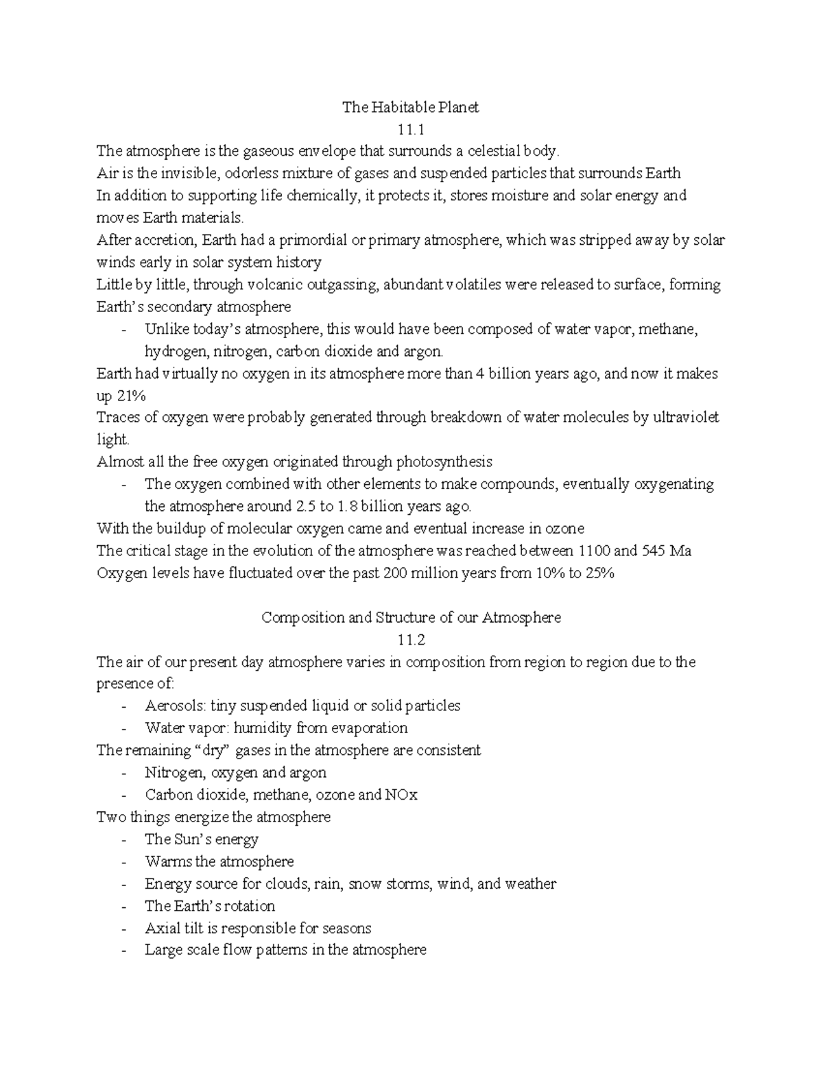 Blue Planet Lecture Notes Chapters 11-13 - The Habitable Planet 11 The ...