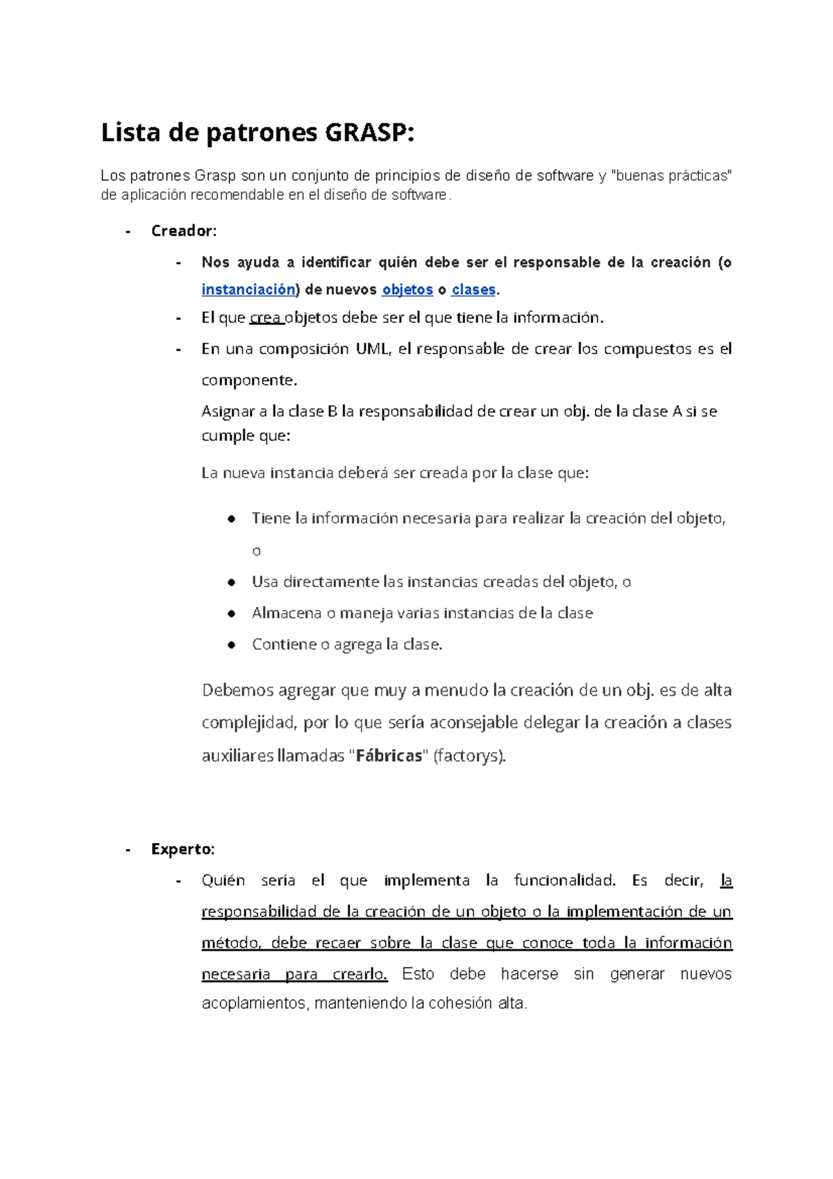 DA1 - Semestre 5 2022 Resumen cuestionario 5 - Lista de patrones GRASP ...