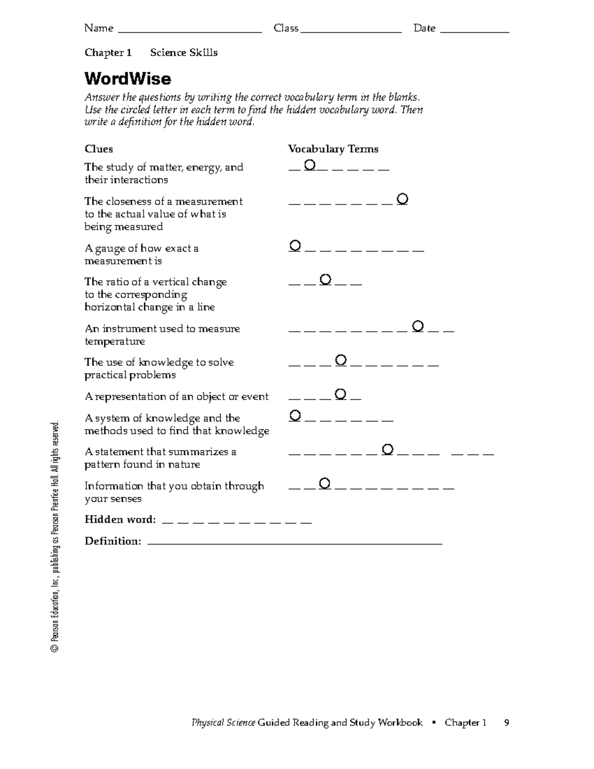 Wordwise ch 1 physical science - Name ___________________________ Class