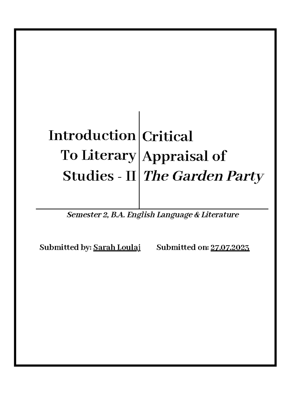 The Garden Party - Introduction To Literary Studies - II Critical ...