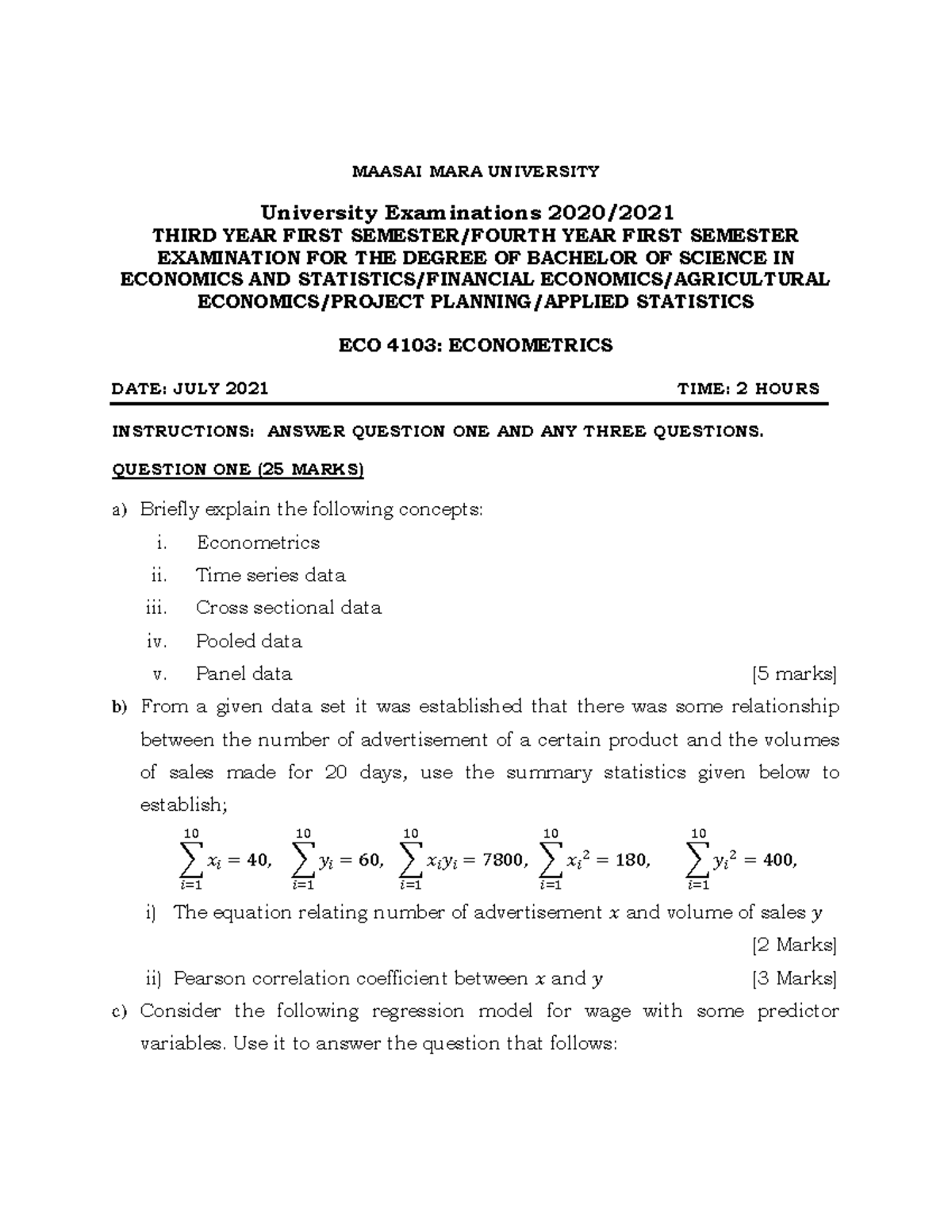 ECO 4103 - econometrics revision questions - MAASAI MARA UNIVERSITY ...