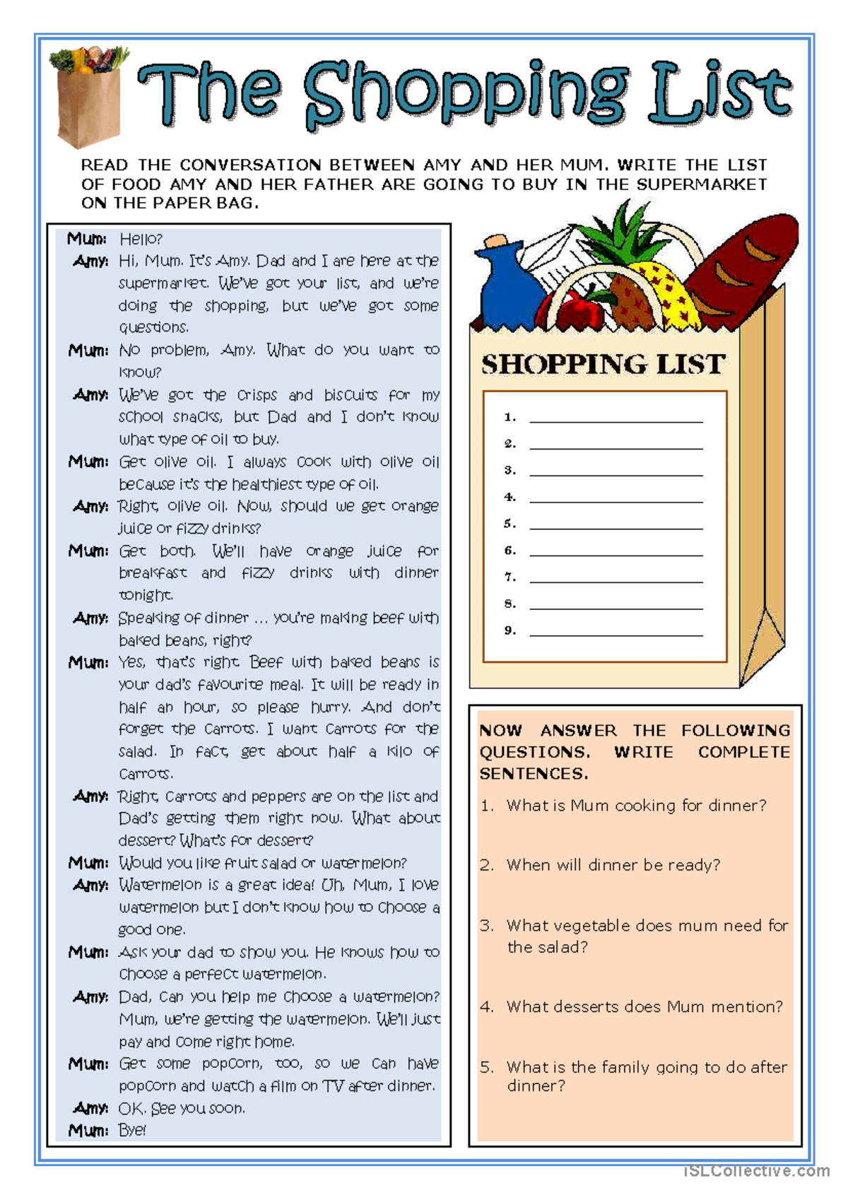 THE Shopping LIST - Reading - READ THE CONVERSATION BETWEEN AMY AND HER ...