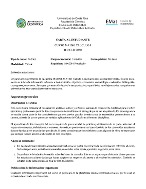 CE MA1001 I2023 - Carta al estudiante 2023 - Universidad de Costa Rica ...