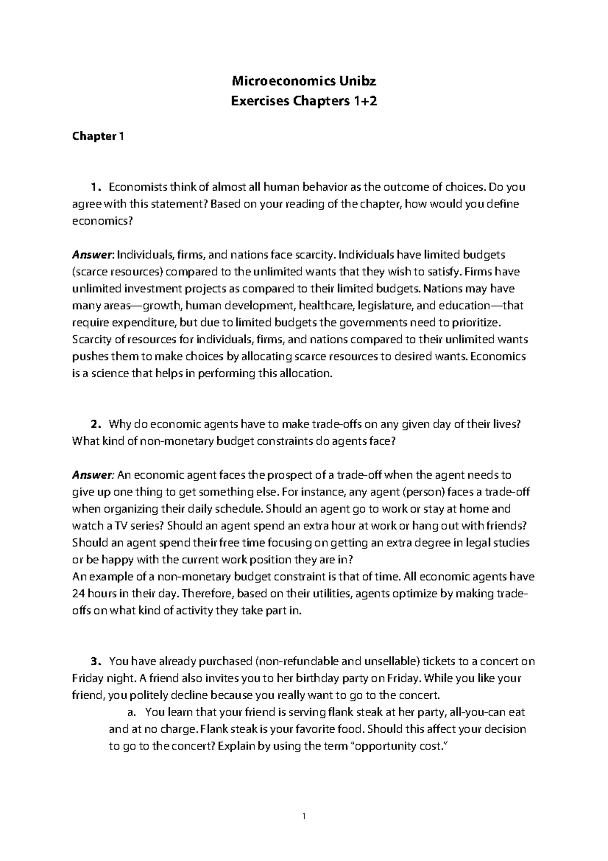 Micro Exercise Chapter 1+2 Solutions - Microeconomics Unibz Exercises ...