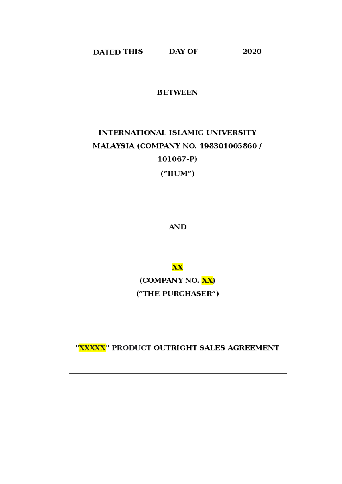 Template Product Outright Sales Agreement - DATED THIS DAY OF 2020 ...