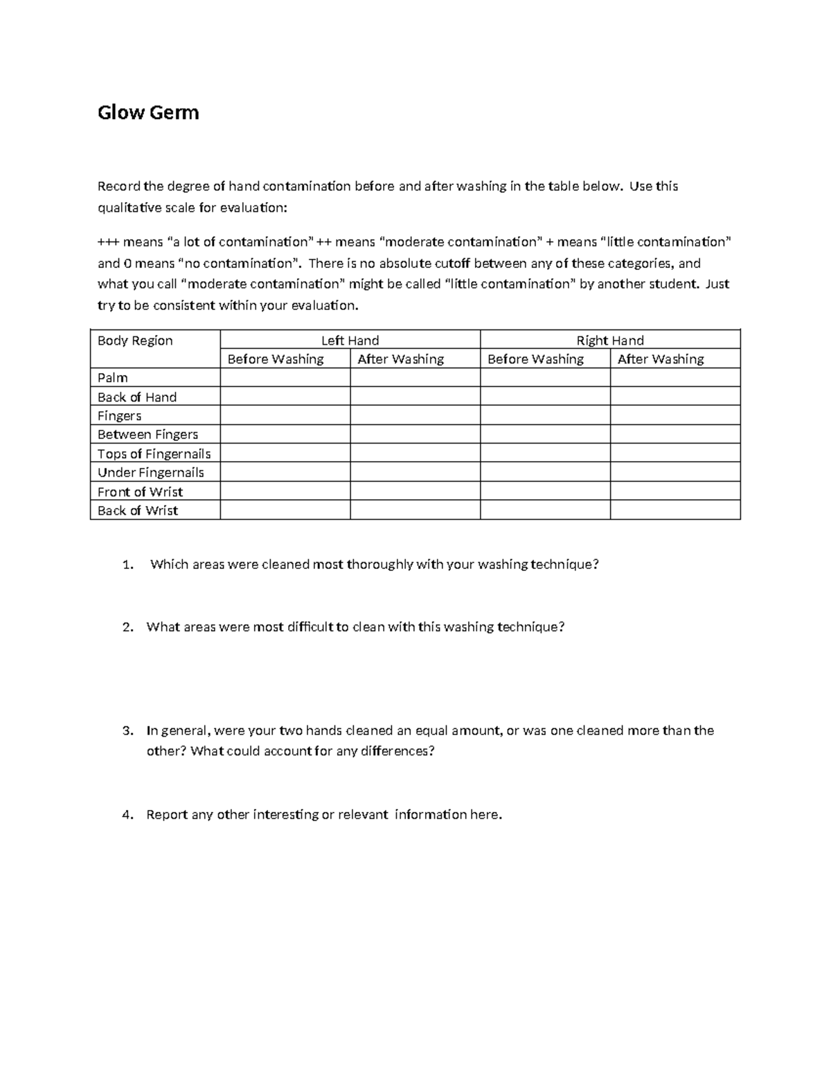 Glow Germ exercise - Glow Germ Record the degree of hand contamination ...