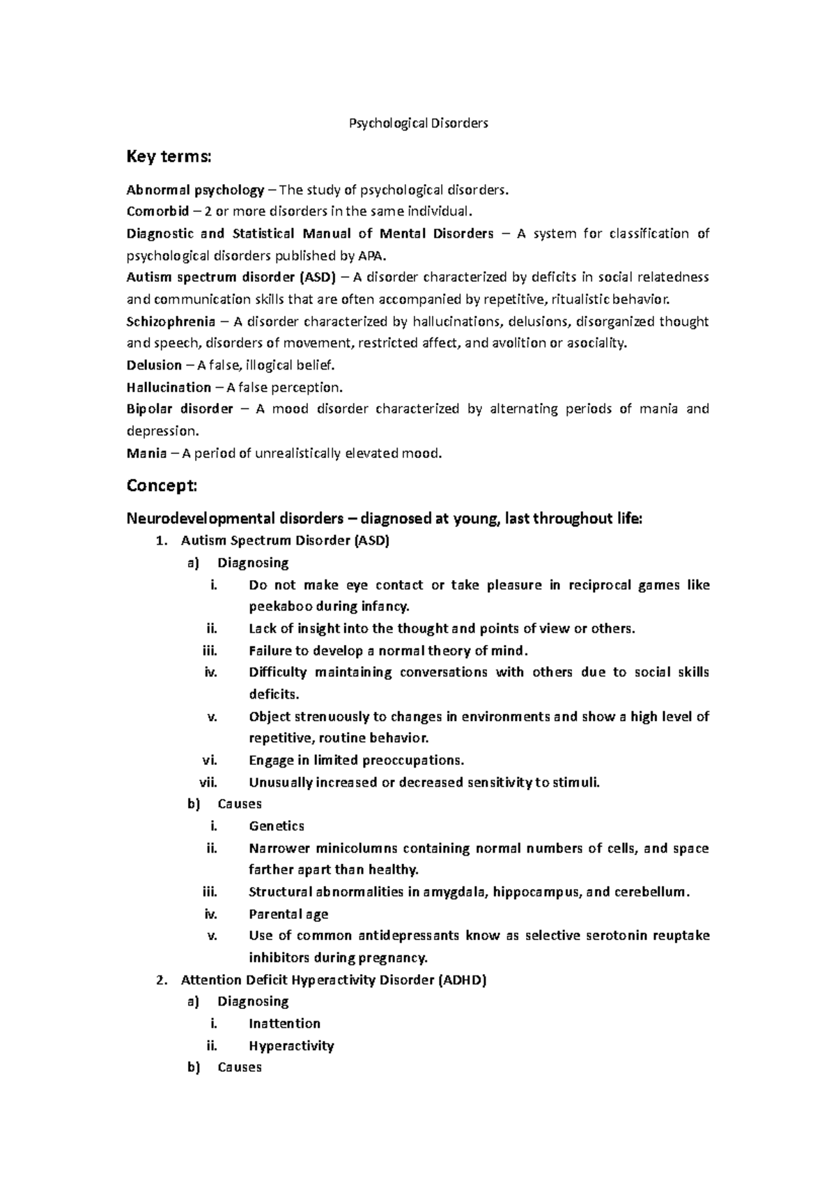 Psychology Disorders - Self made notes - Psychological Disorders Key ...