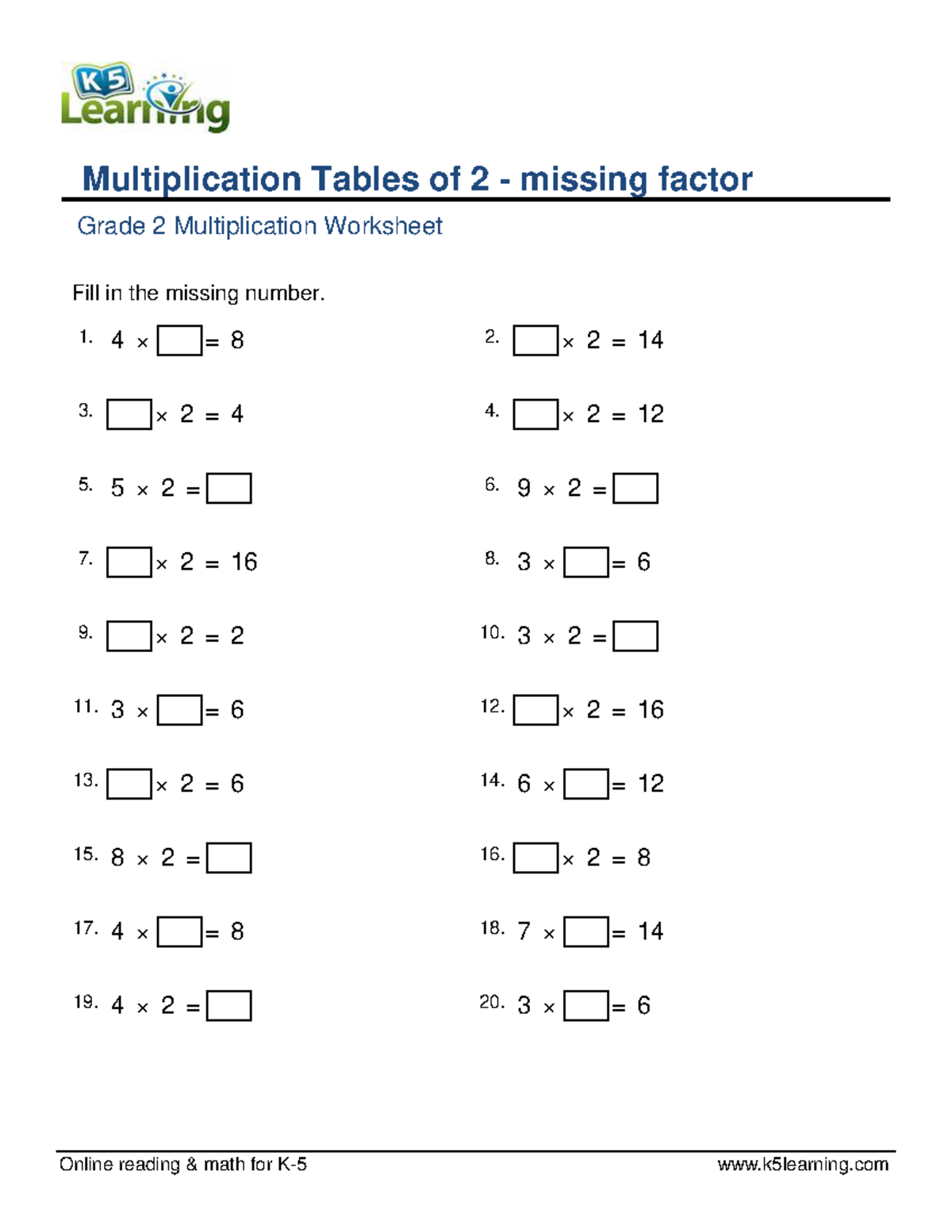 Grade 2 multiplication table 2 missing factor a - Online reading & math ...