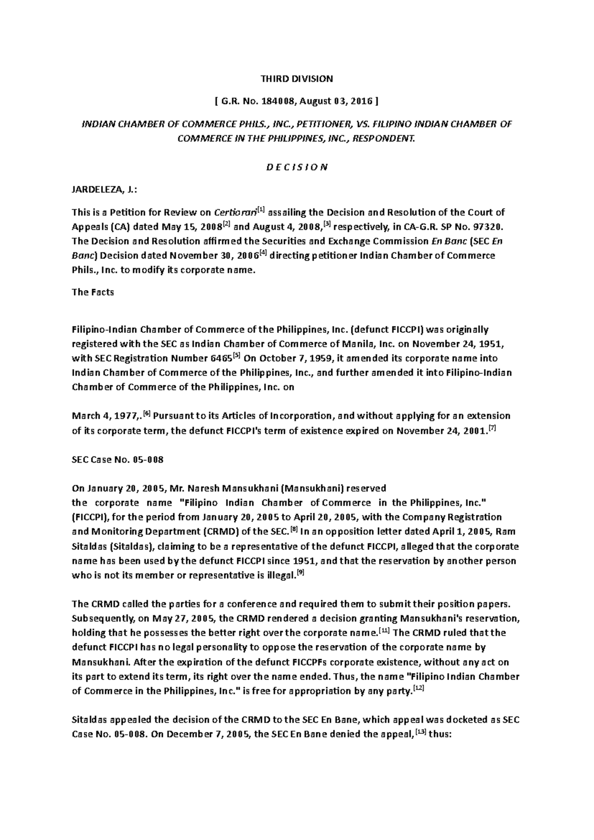 Indian Chamber OF Commerce Phils. VS. Filipino- Indian Chamber OF ...