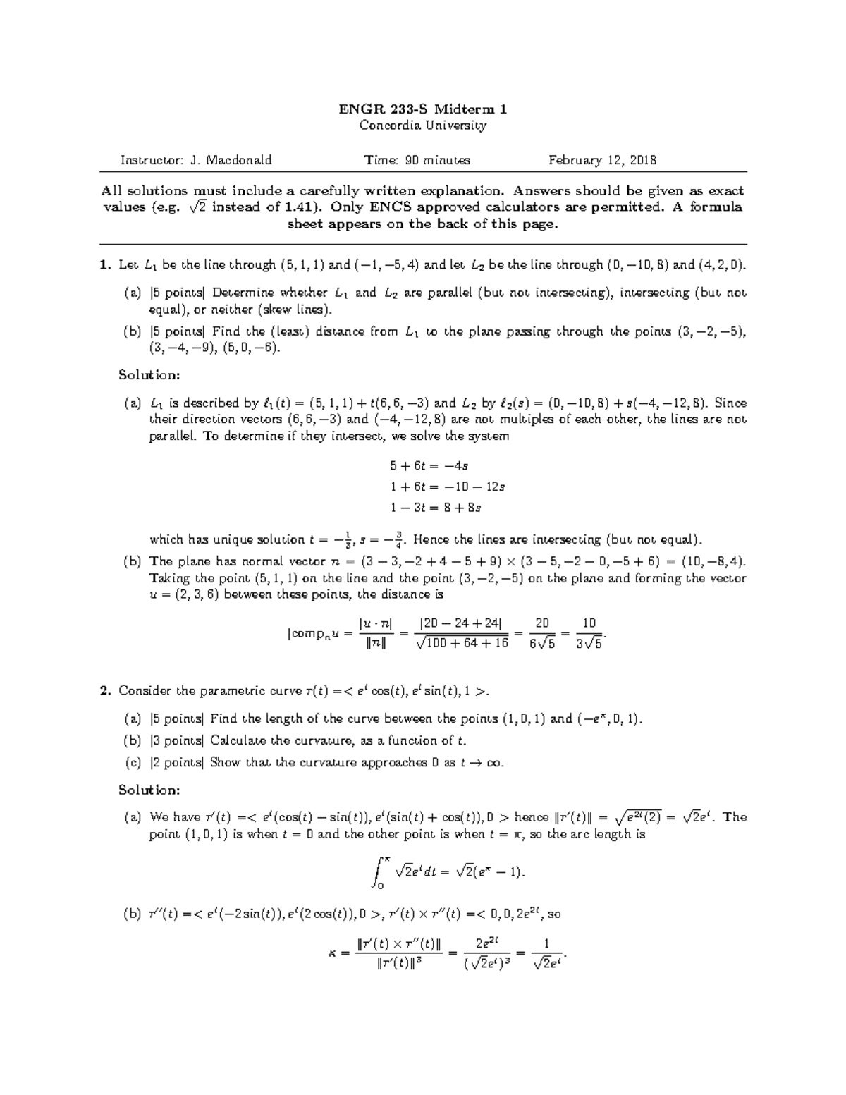 Engr 233 Midterm 1 Solution - ENGR 233-S Midterm 1 Concordia University Instructor: J. Macdonald ...