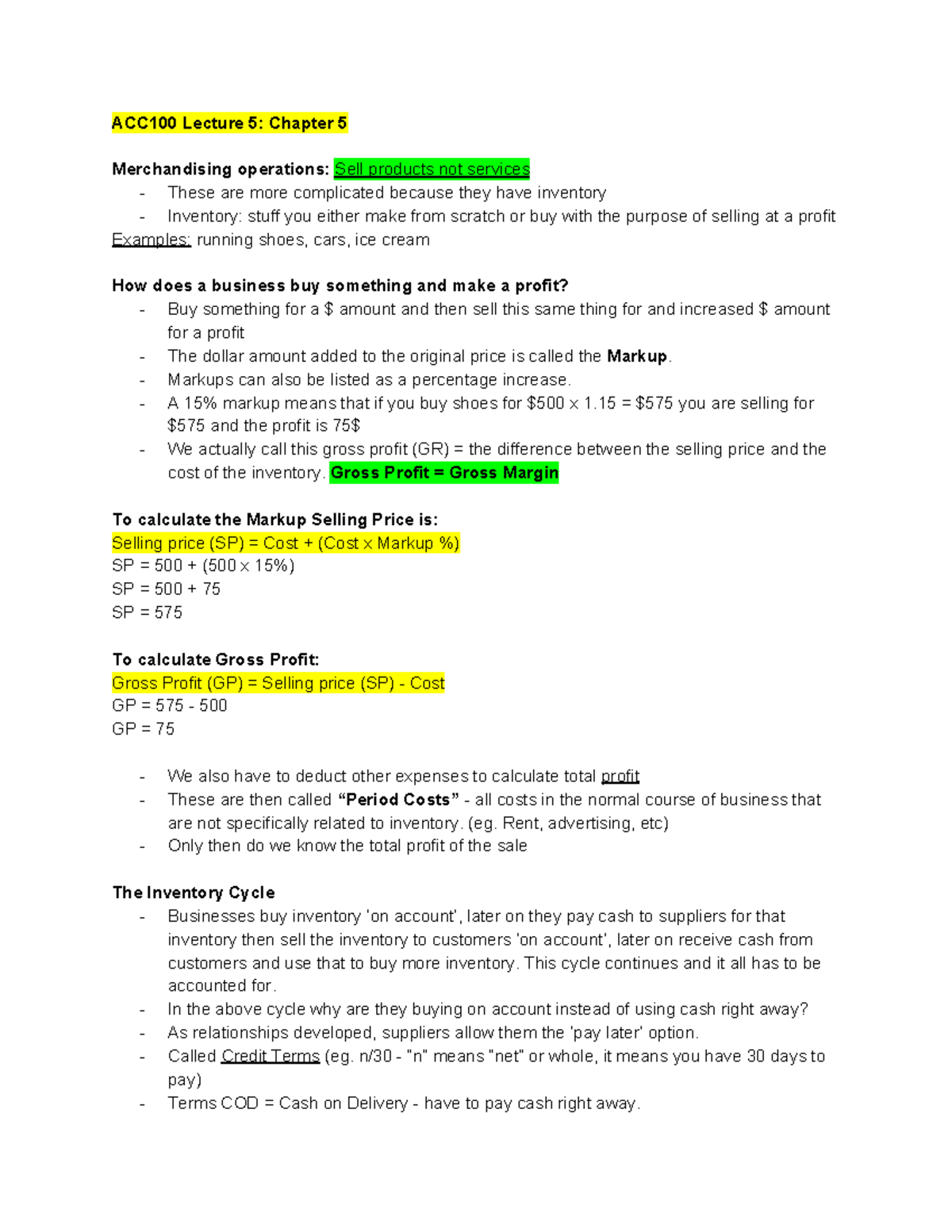 ACC100 Lecture 5: Chapter 5 Merchandising operations - Studocu