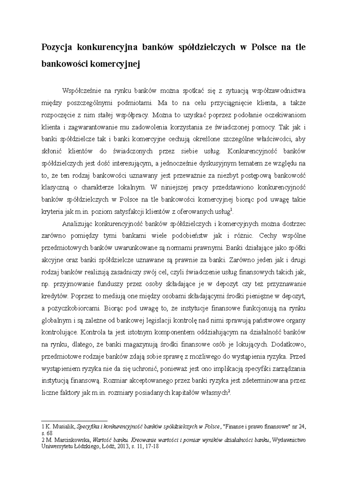 Esej - Pozycja konkurencyjna banków spółdzielczych w Polsce na tle ...